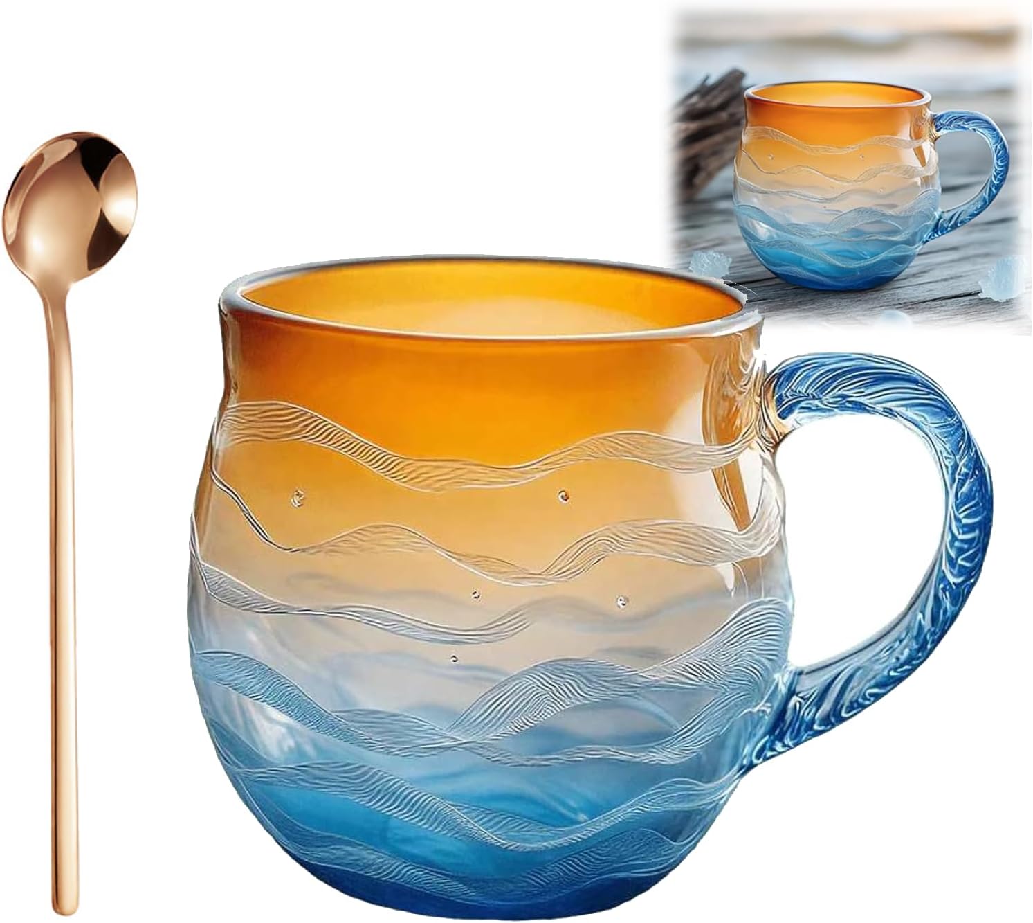 Golden Tide Mug, Ocean Wave Glass Mug Texture Sunset Cups, Handcrafted ...