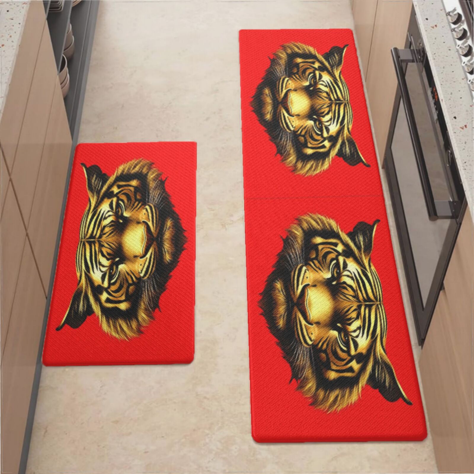 Golden Tiger On Red Background Pvc Kitchen Mat Runner 2 Pieces Non Slip ...