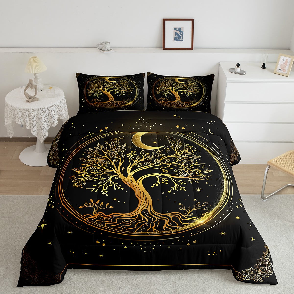 Golden Tree of Life Comforter Set,Geometric Circles Yellow Stars Print ...