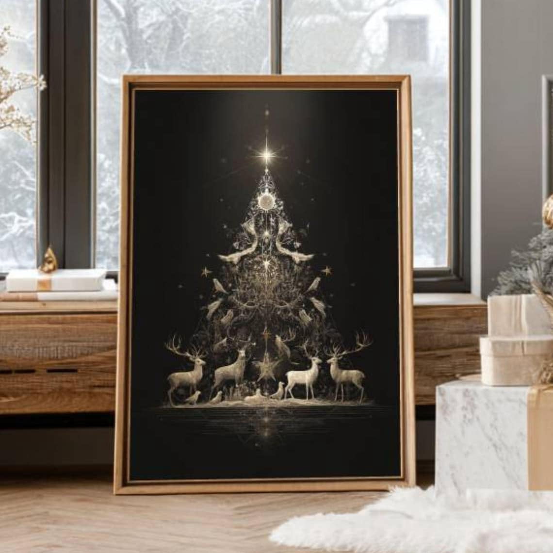 Golden Tree Reindeer Winter Wall Art, Stretched Canvas Size 12x18 ...