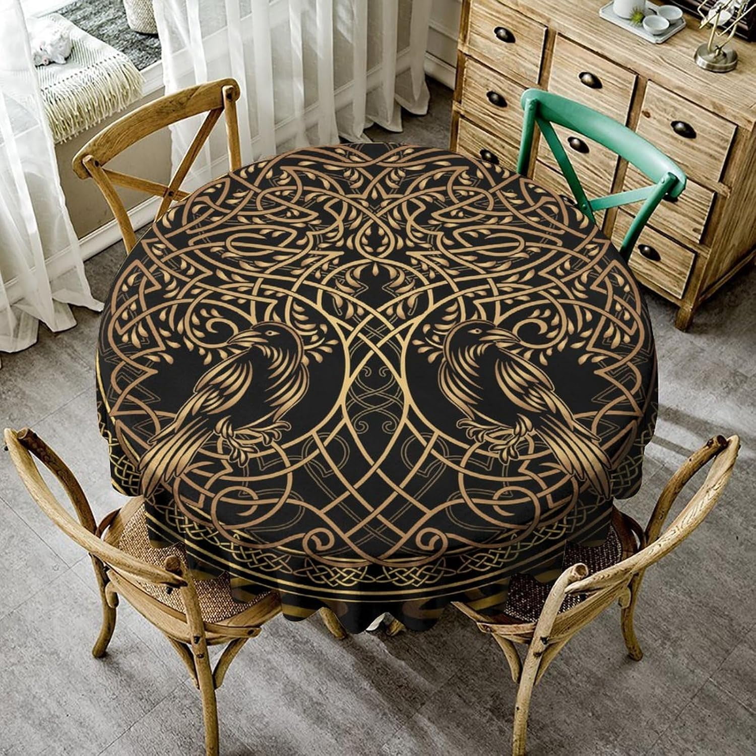 Golden Tree Table Cloth, Celtic Tree of Life Retro Birds Raven Print ...