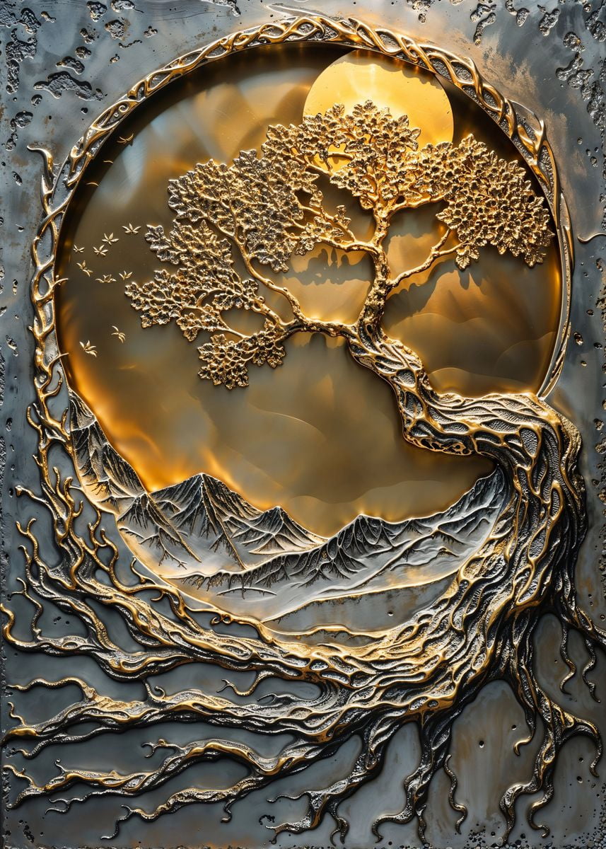 Golden Tree and Moon Abstract Painting Canvas Print, Luxury Wall Art, Minimalist Poster, Asian ...