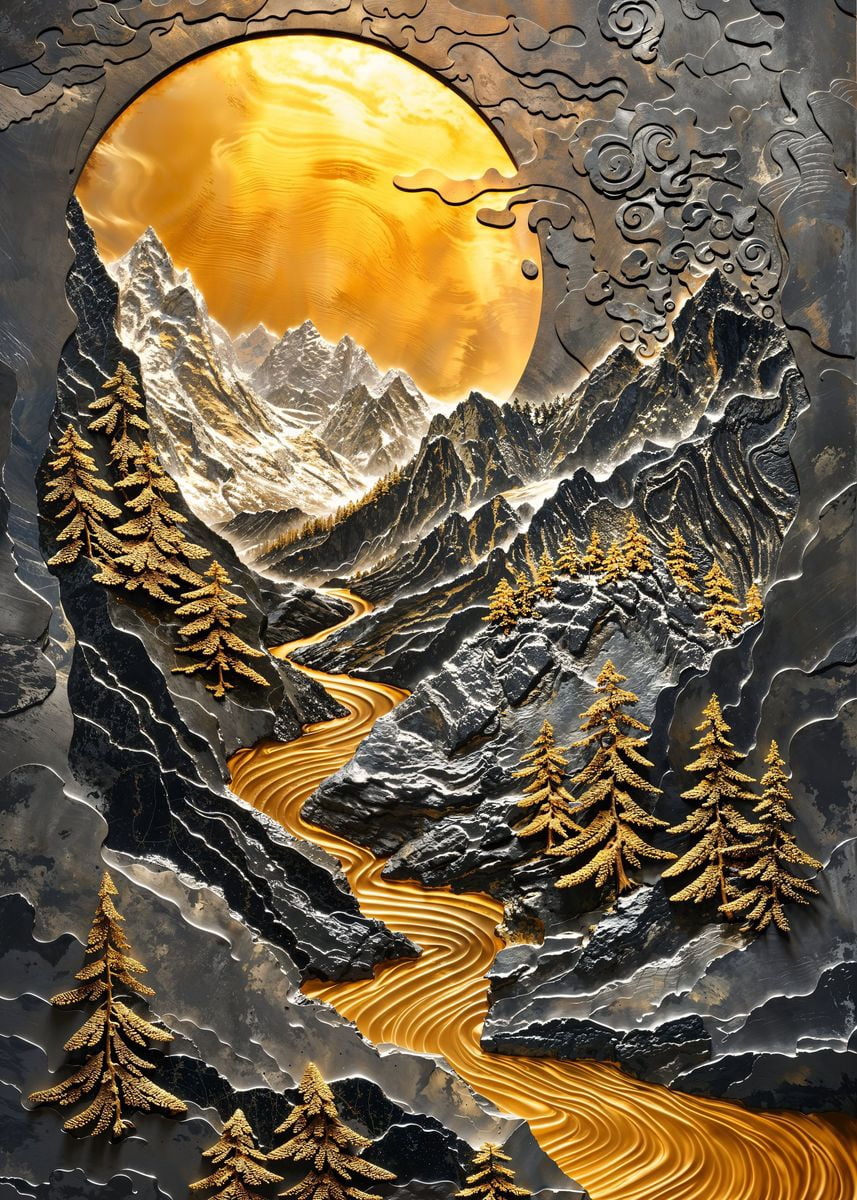 Golden Tree and Moon Abstract Painting Canvas Print, Luxury Wall Art ...
