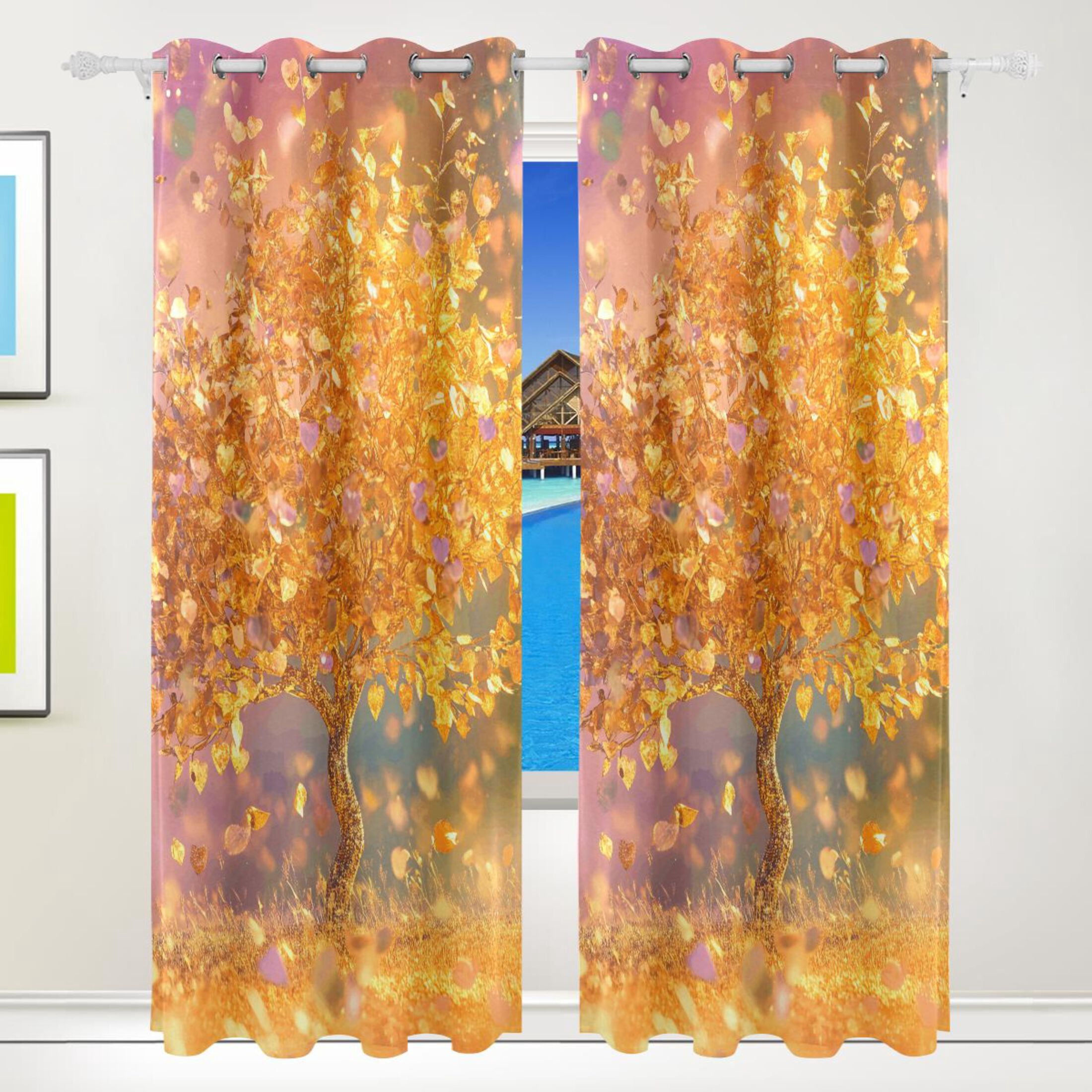 Golden Tree with Leaves Falling Blackout Curtains 72 inch Length 2 ...
