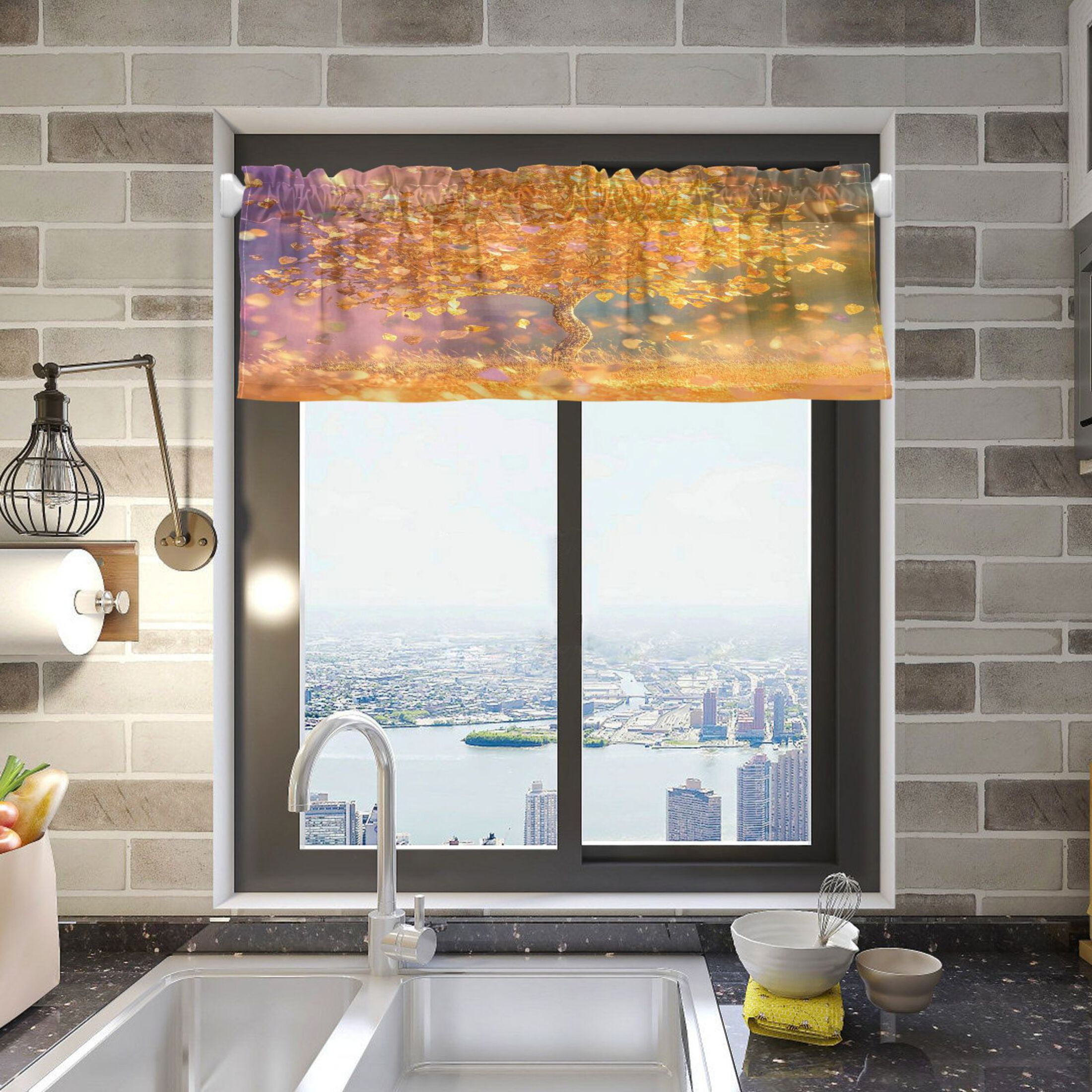 Golden Tree with Leaves Falling Valance Curtains Rod Pocket for Kitchen ...