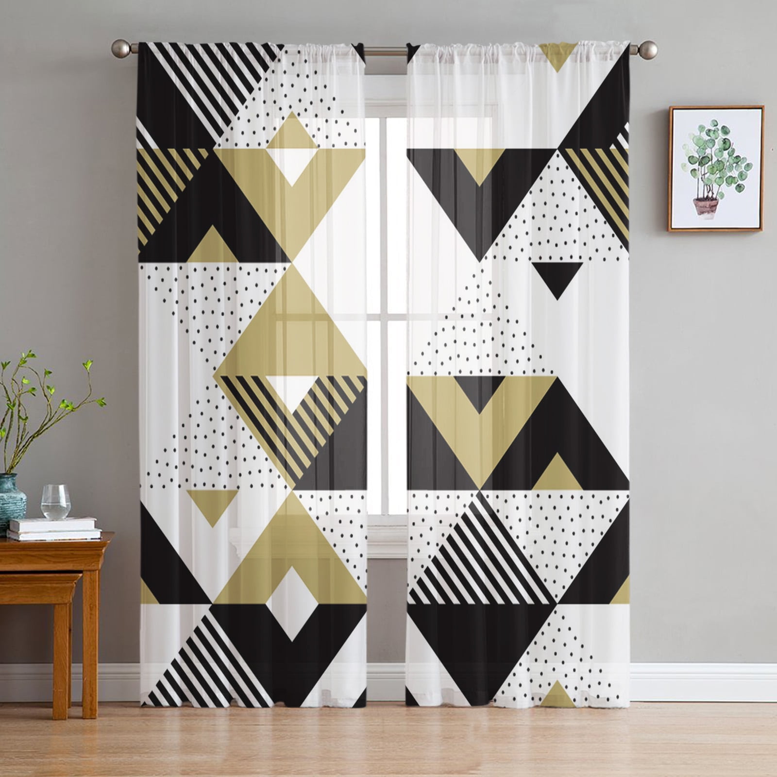 Golden Triangle Geometric Shape Modern Tulle Sheer Curtains for Living ...