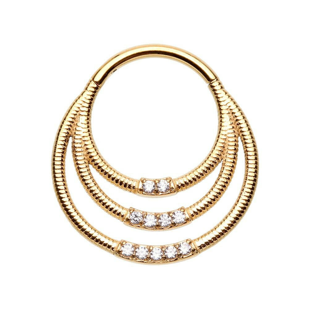Golden Triple Row Front Facing Multi Gem Steel Seamless Hinged Clicker ...