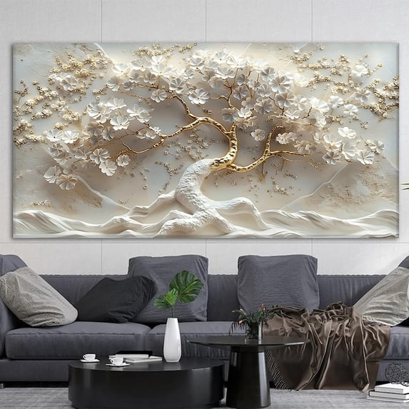 Golden Trunk Blossoming Tree Canvas Art: Elegant Floral Wall Décor 8x12 ...