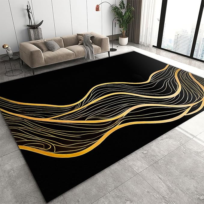 Golden Twisted Water Ripples Area Rug, Black And Gold Modern Line Art ...