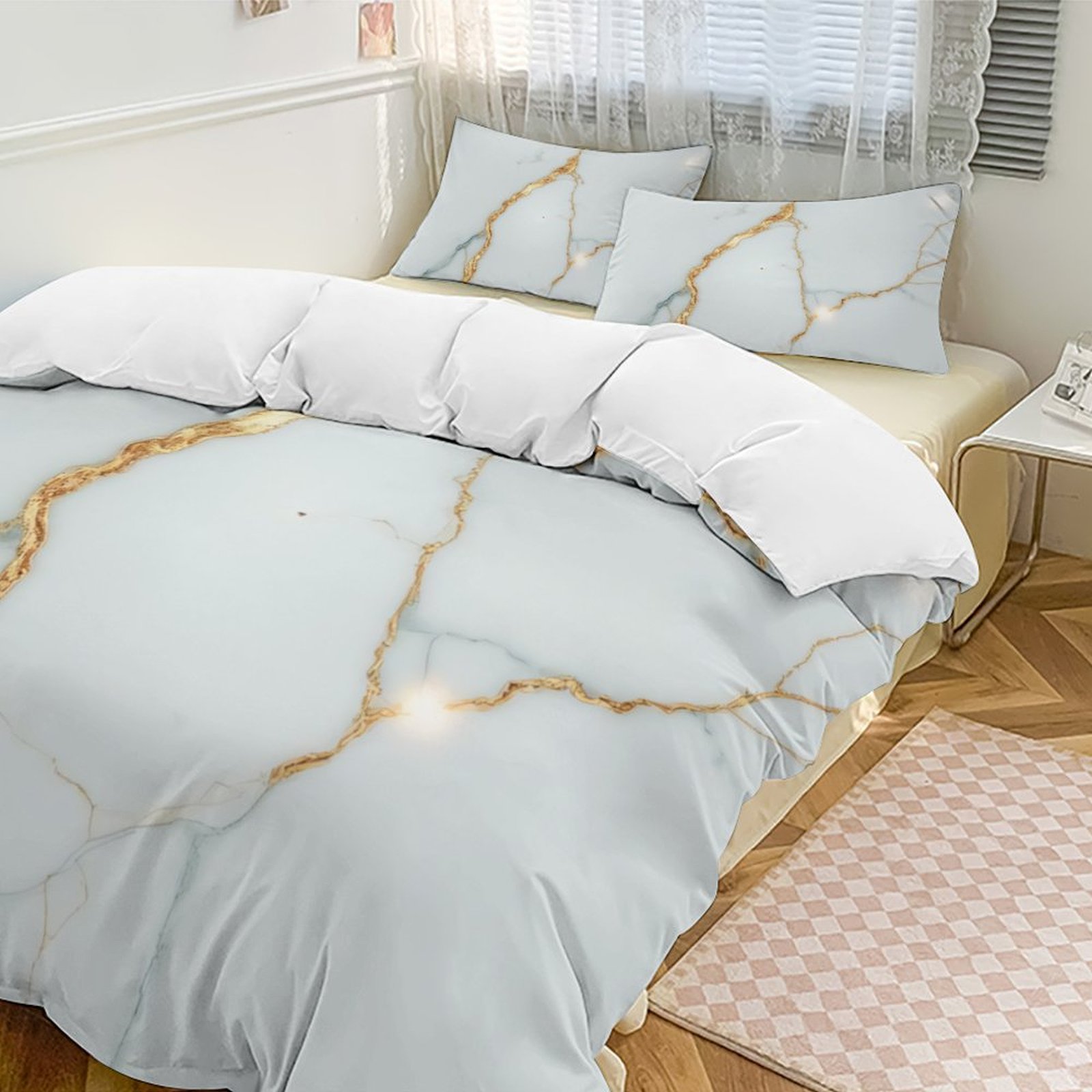 Golden Vein Marble Tiles Duvet Cover Set Themed Multicolor Polyester ...