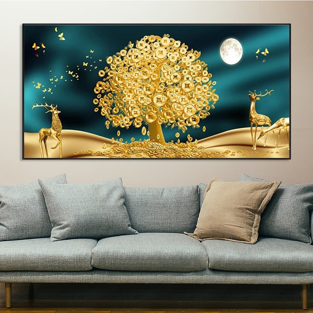 Golden Wall Art Deer Money Tree Wall Picture Islamic Canvas Painting ...