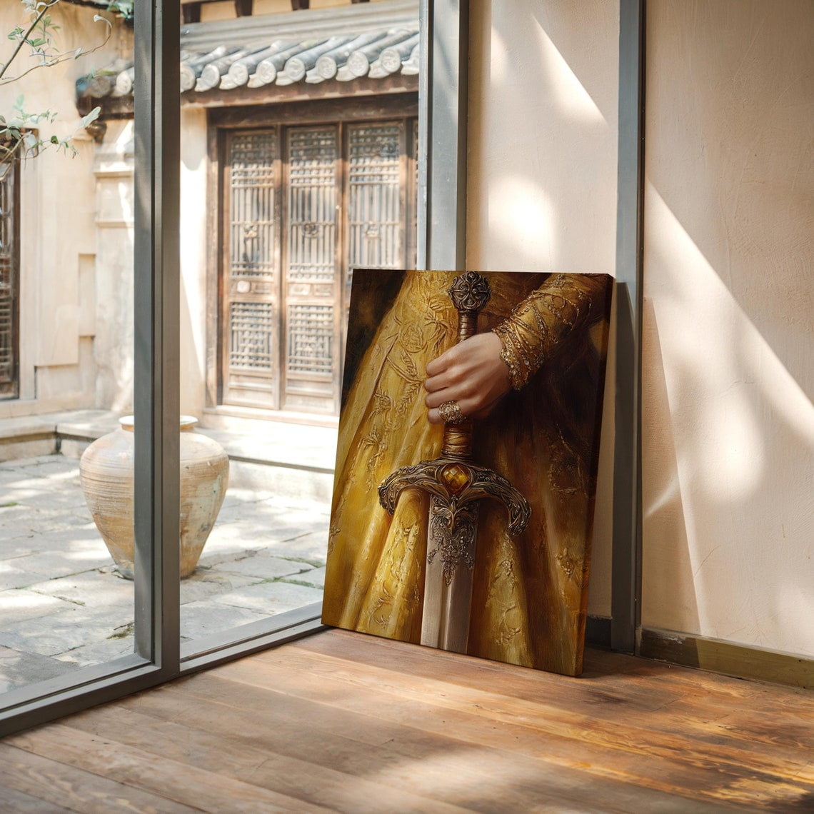 Golden Warrior Hand Holding Ornate Sword Art - Regal Medieval Elegance ...