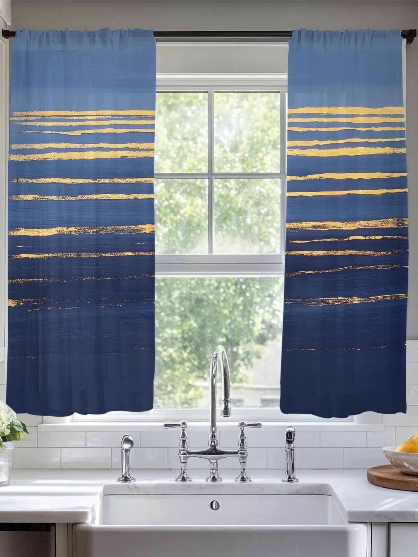 Golden Water Ripple Sheer Curtains 63 Inches Long 2 Panels Dark Blue ...