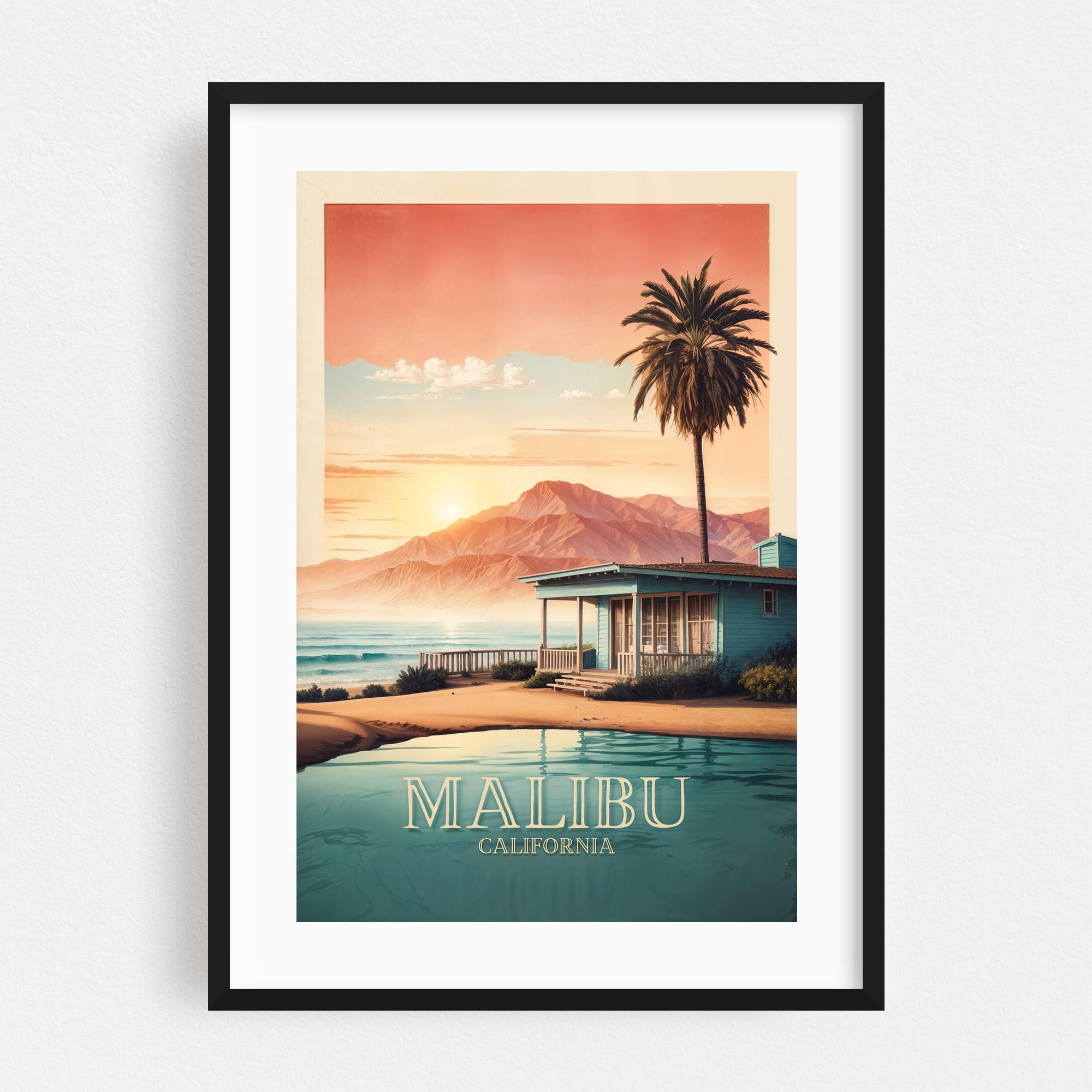Golden Waves: Vintage Travel Poster of Malibu - Malibu California ...
