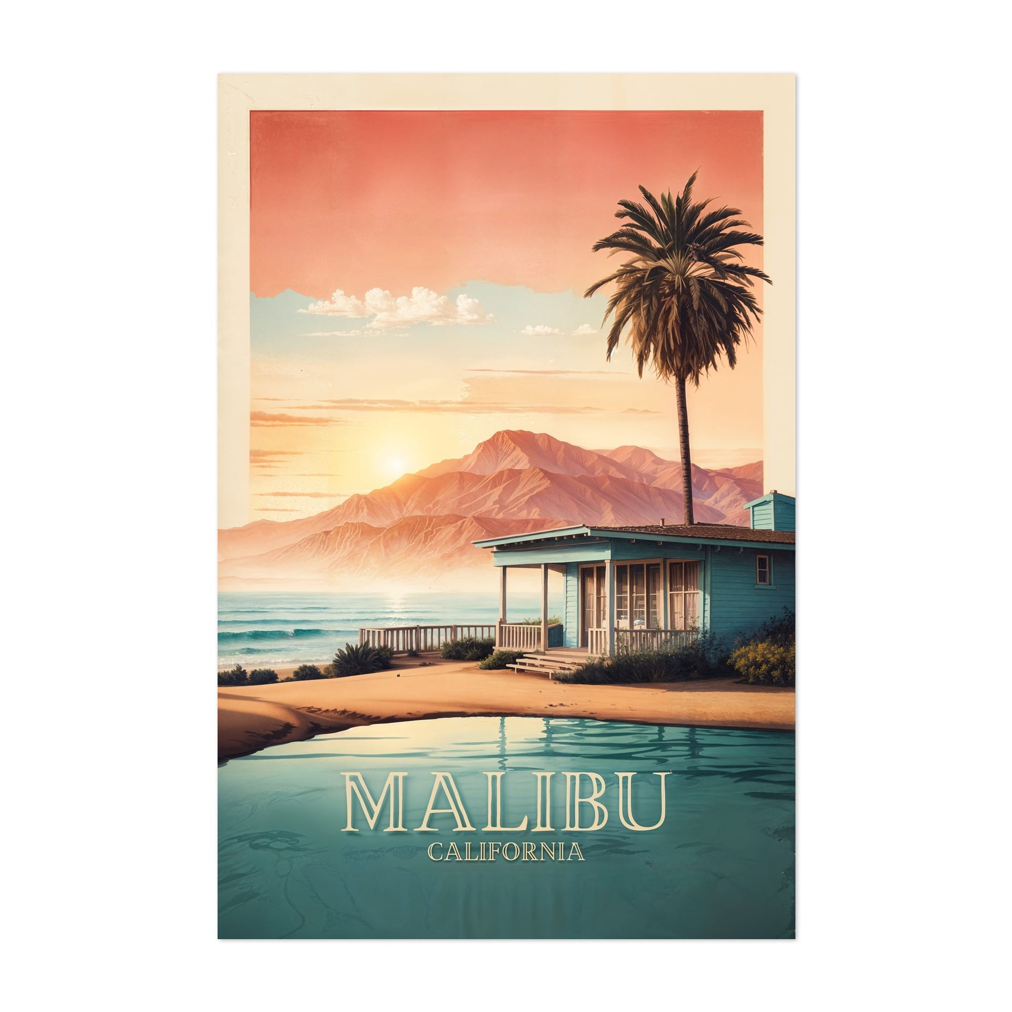 Golden Waves: Vintage Travel Poster of Malibu - Malibu California ...
