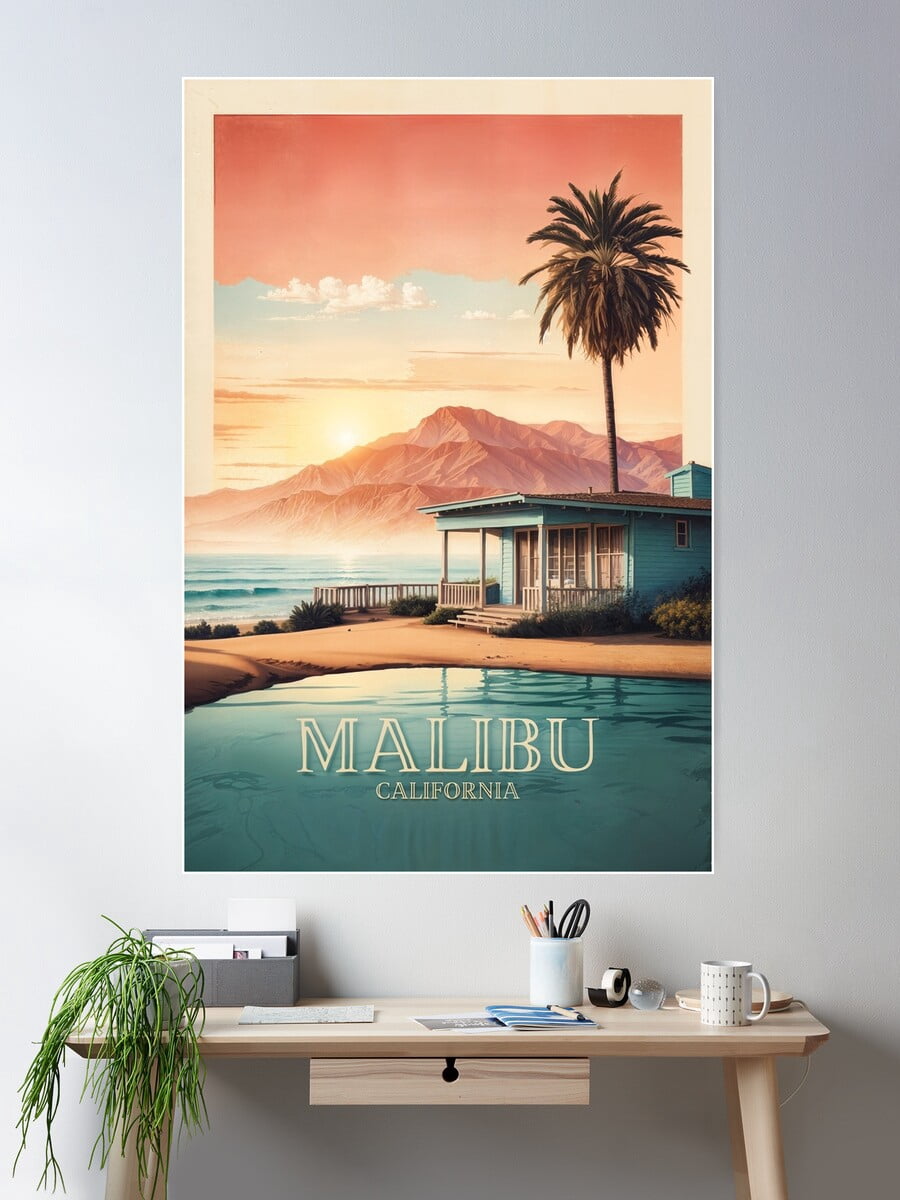 Golden Waves: Vintage Travel Poster Of Malibu Poster Wall Art, Modern ...