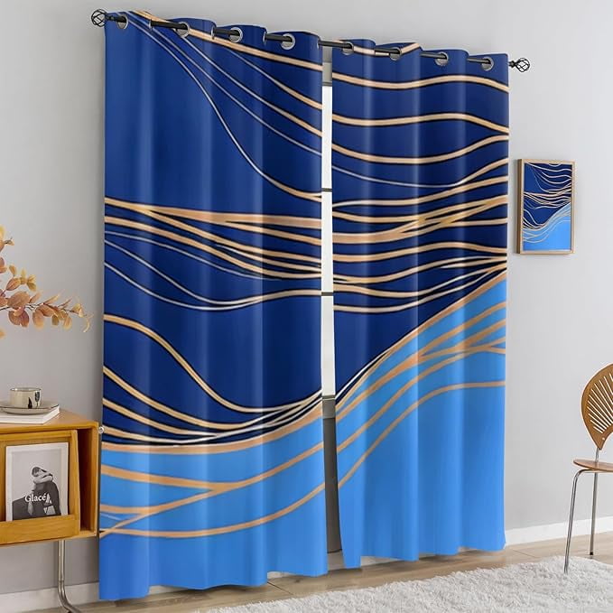 Golden Wavy Lines Gradient Blackout Curtains, Abstract Ripple Curved ...