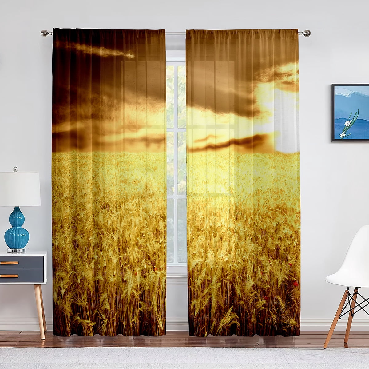 Golden Wheat Field and Blue Sky Tulle Curtains for Living Room Bedroom ...