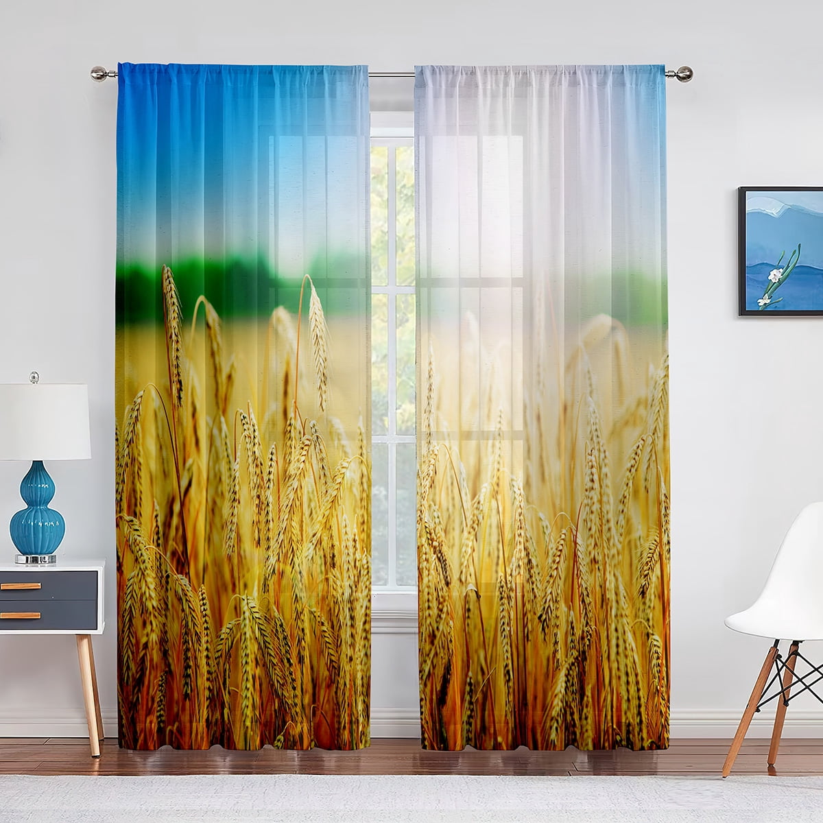 Golden Wheat Field and Blue Sky Tulle Curtains for Living Room Bedroom ...