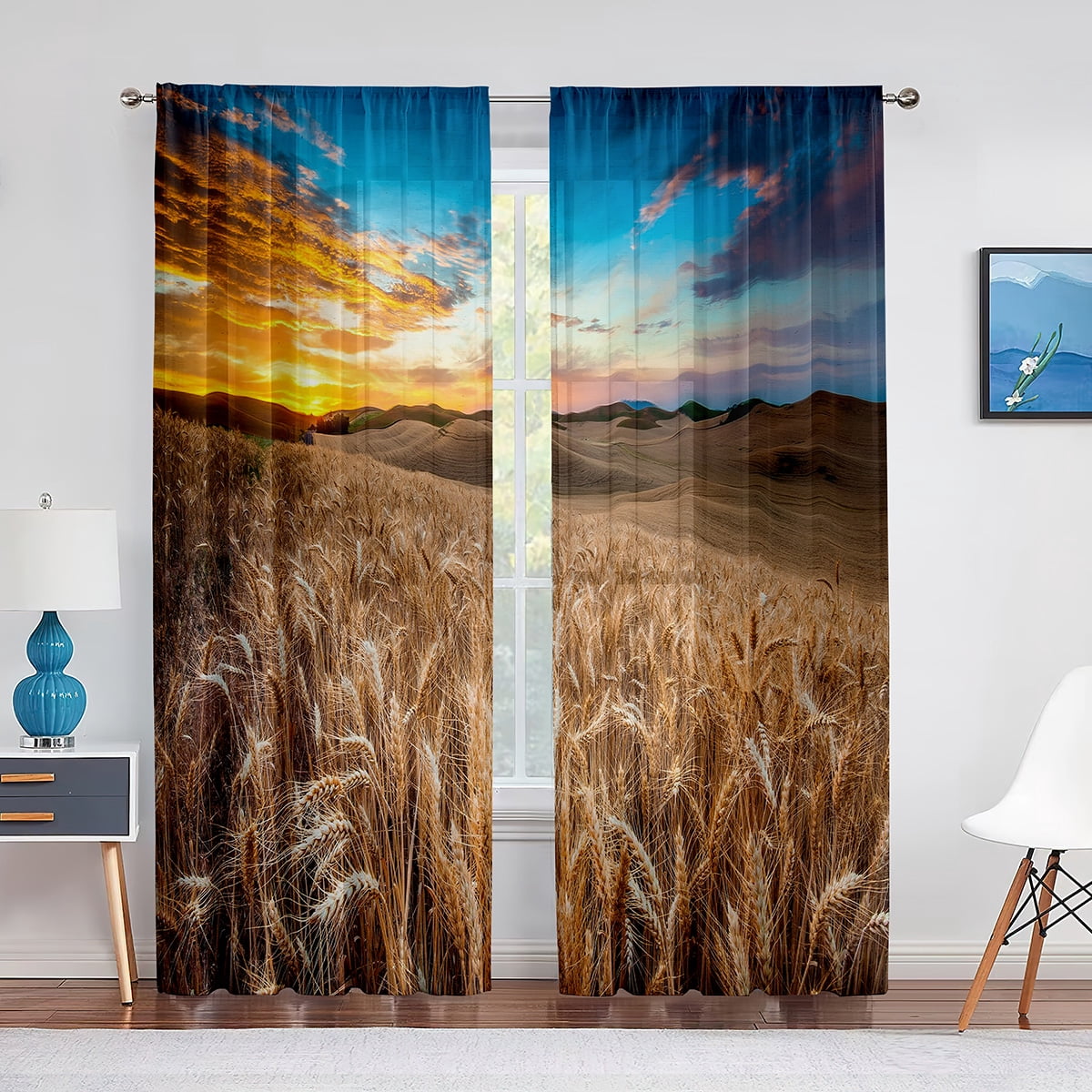 Golden Wheat Field and Blue Sky Tulle Curtains for Living Room Bedroom ...