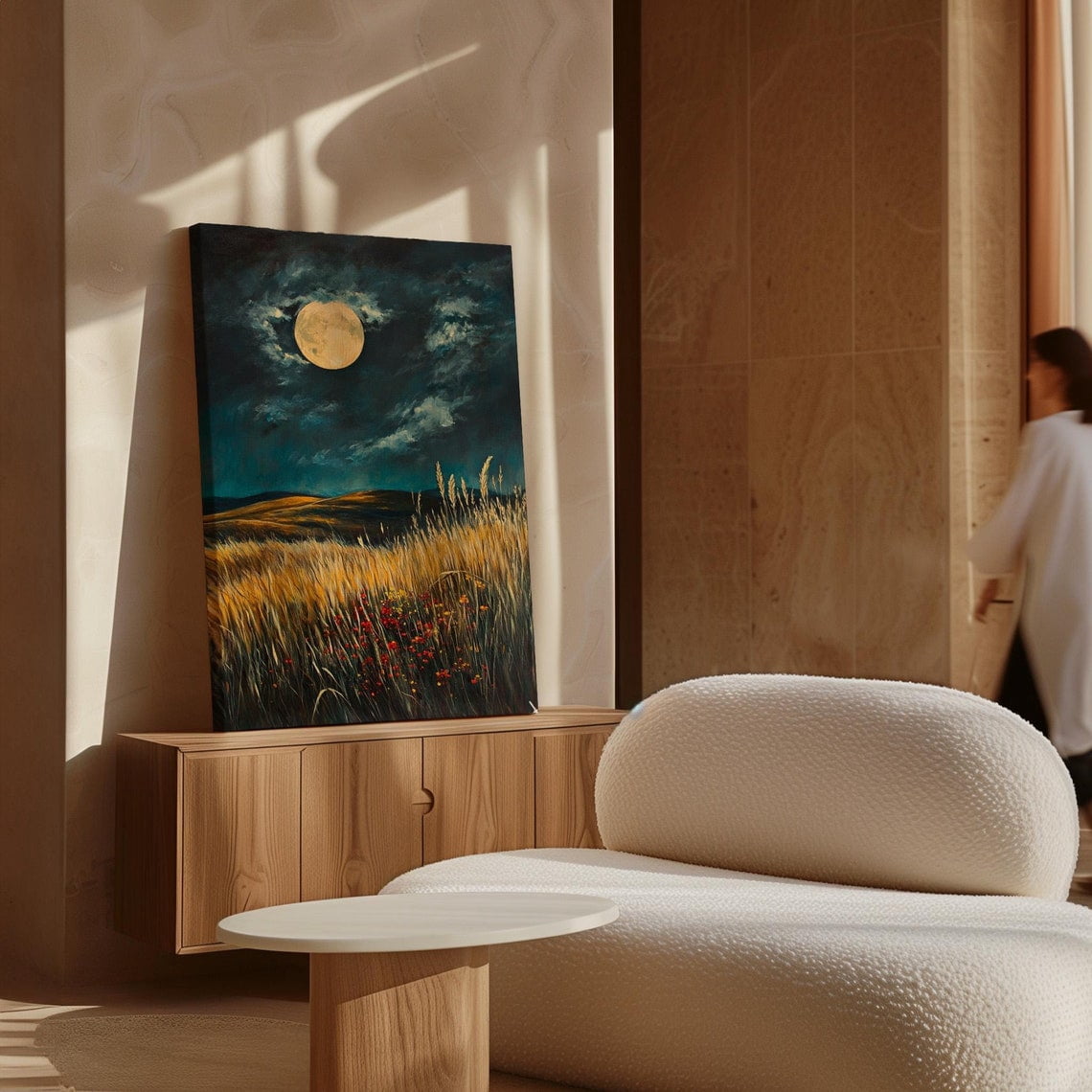Golden Wheatfield Under Full Moon Art - Serene Night Sky Landscape With ...