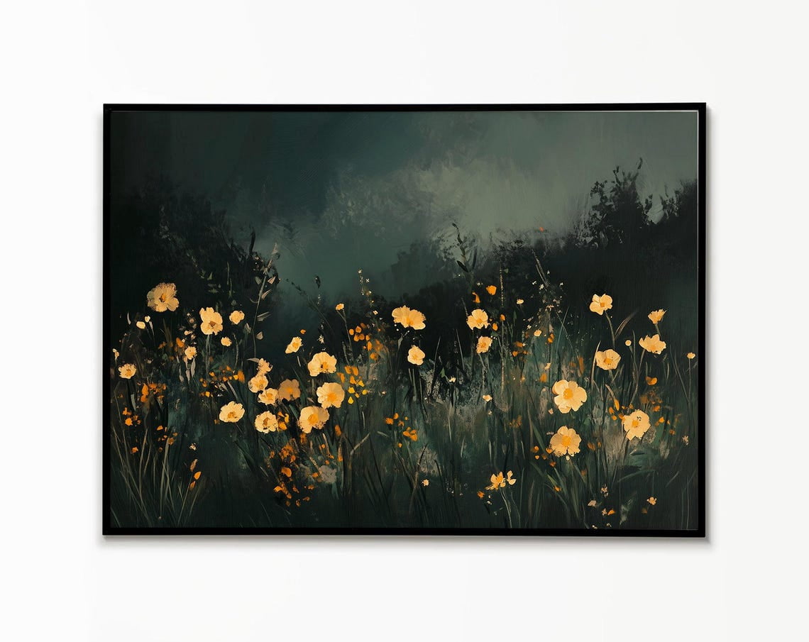 Golden Wildflowers Dusk Poster, Dark Floral Print, Moody Landscape Art ...