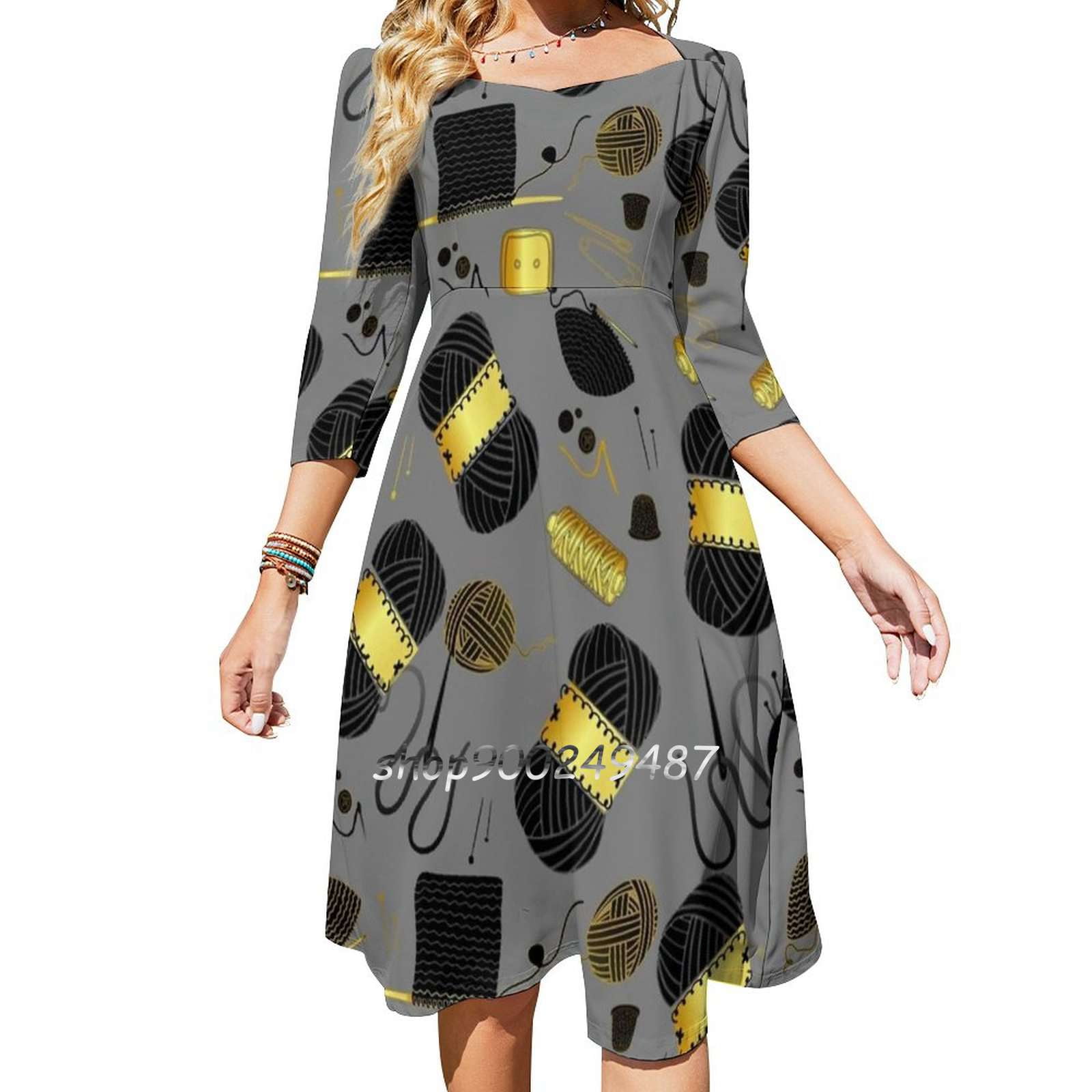 Golden Yarn Sweet Elegant Dress Women Korean Kawaii Square Collar Dress ...