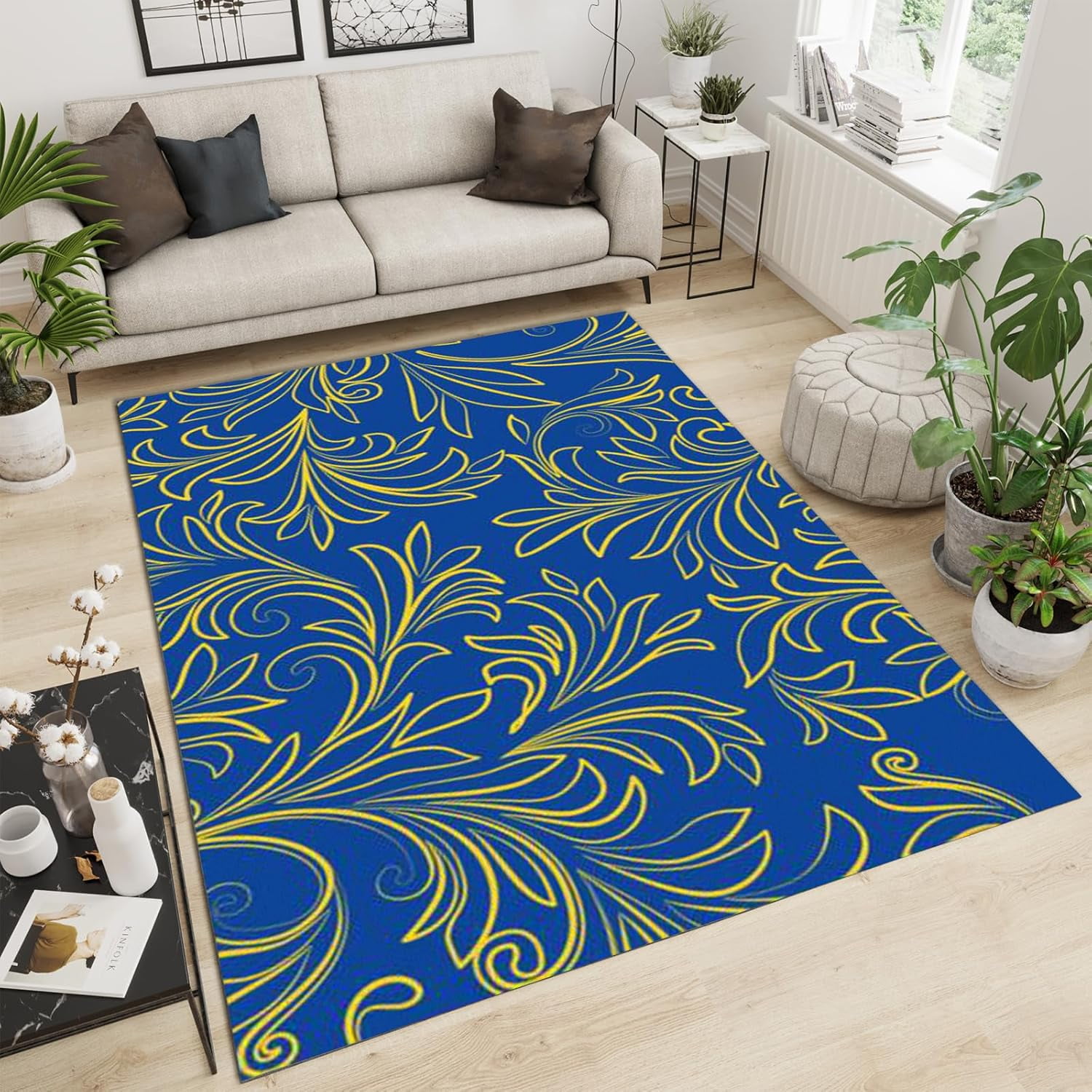Golden Yellow Line Flowers Area Rugs,Plant Blue Apartment Carpet ...