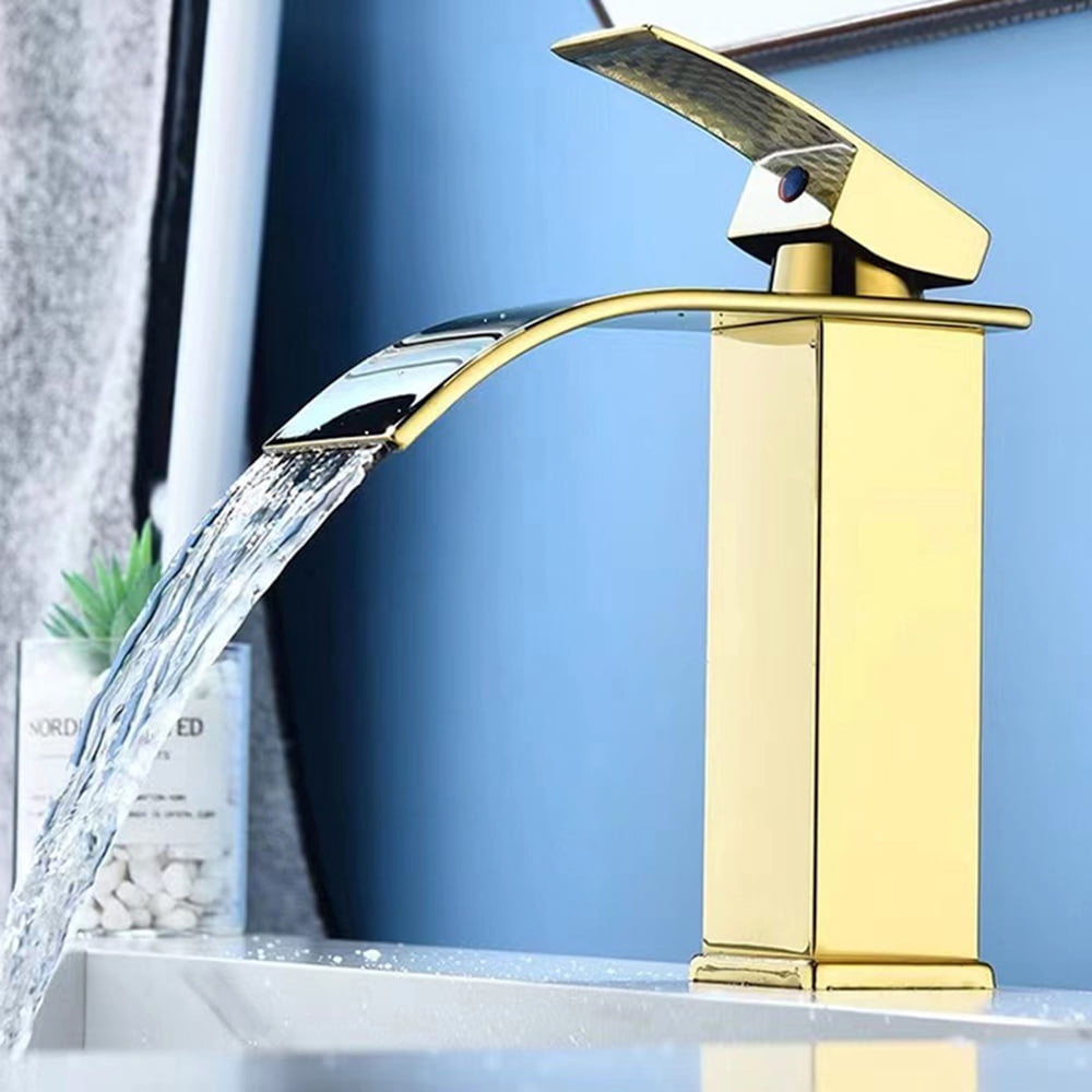 Golden bathroom faucet, brass. Hot/cold, waterfall, splash-proof ...