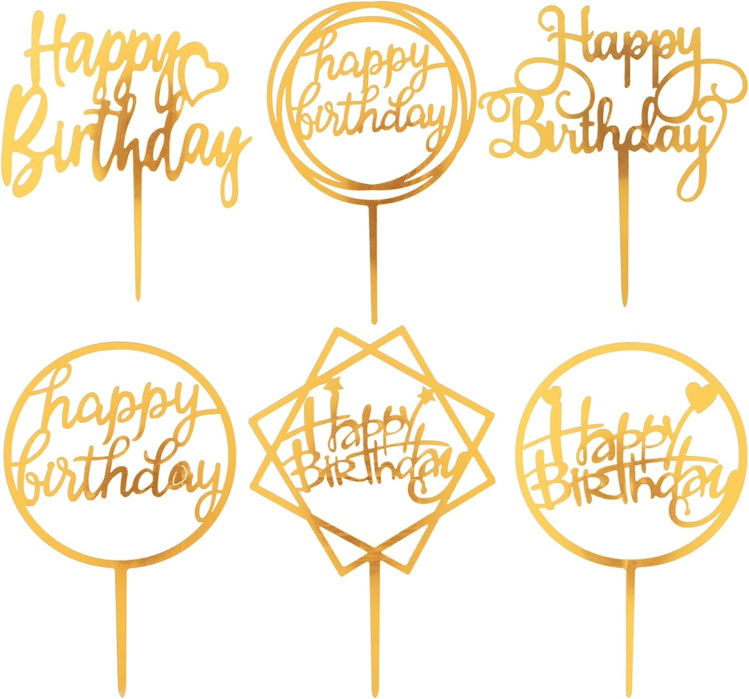 Golden birthday cake topper, 6 pieces of acrylic cake decoration ...