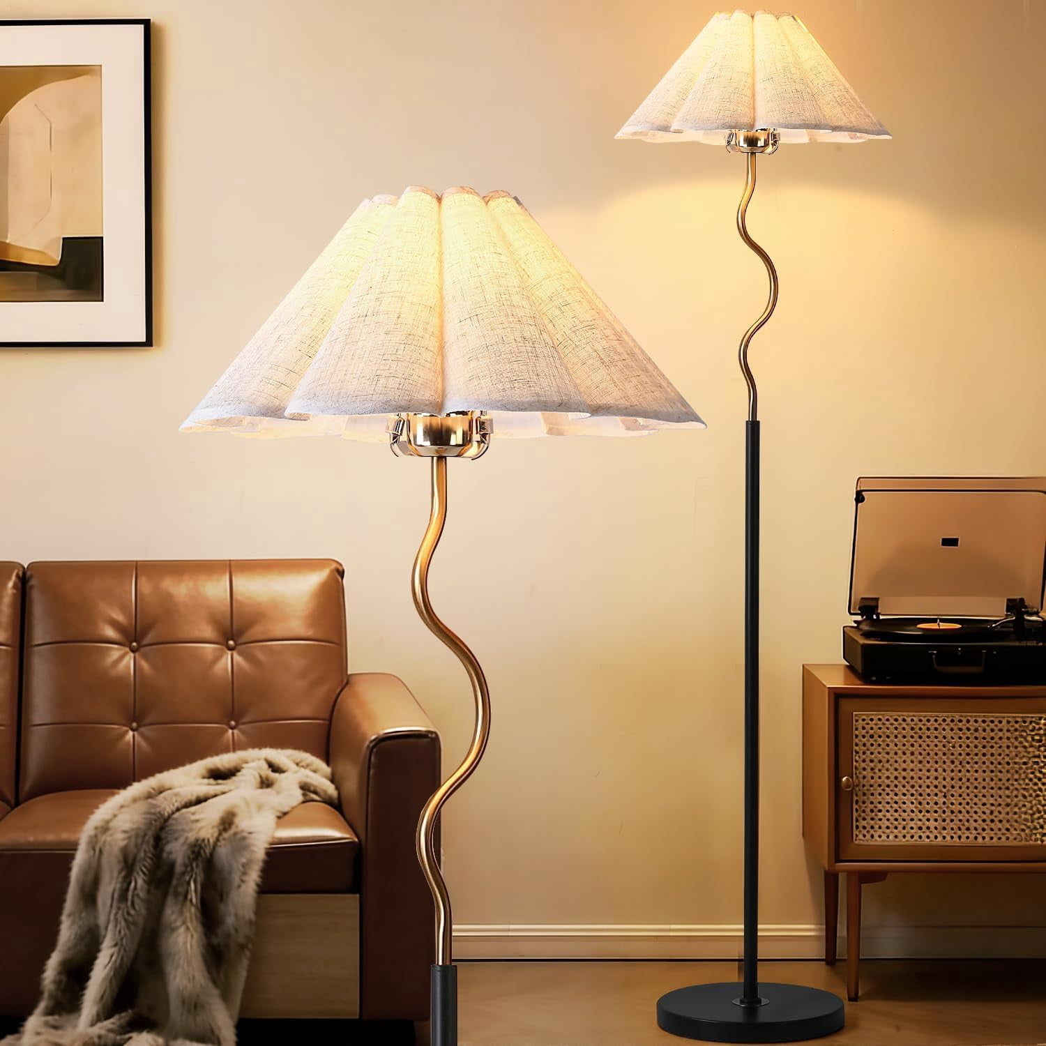Golden floor lamp with pleated linen lampshade, modern floral floor ...