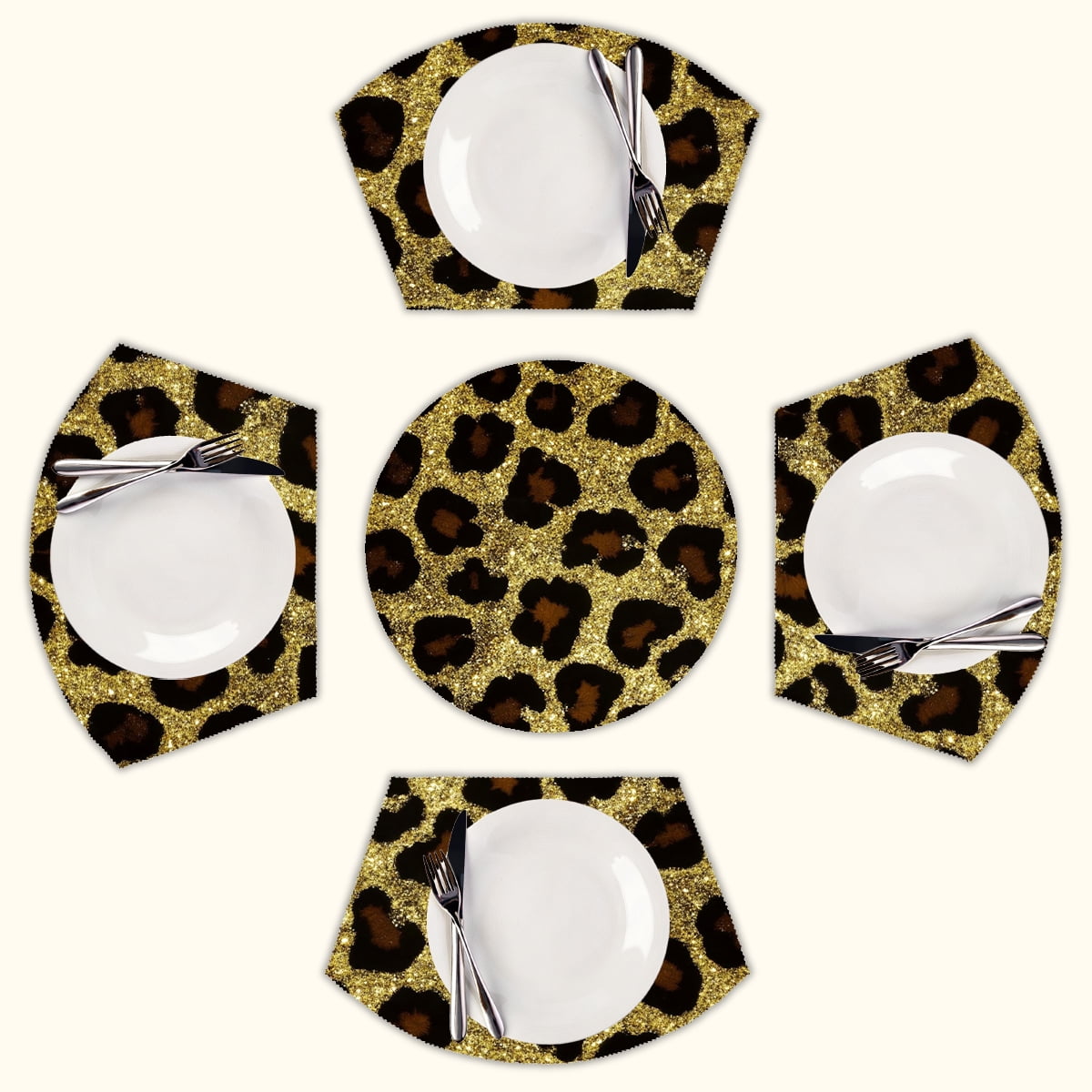 Golden glitter leopard print fabric Round Table Placemats Set Of 5 ...