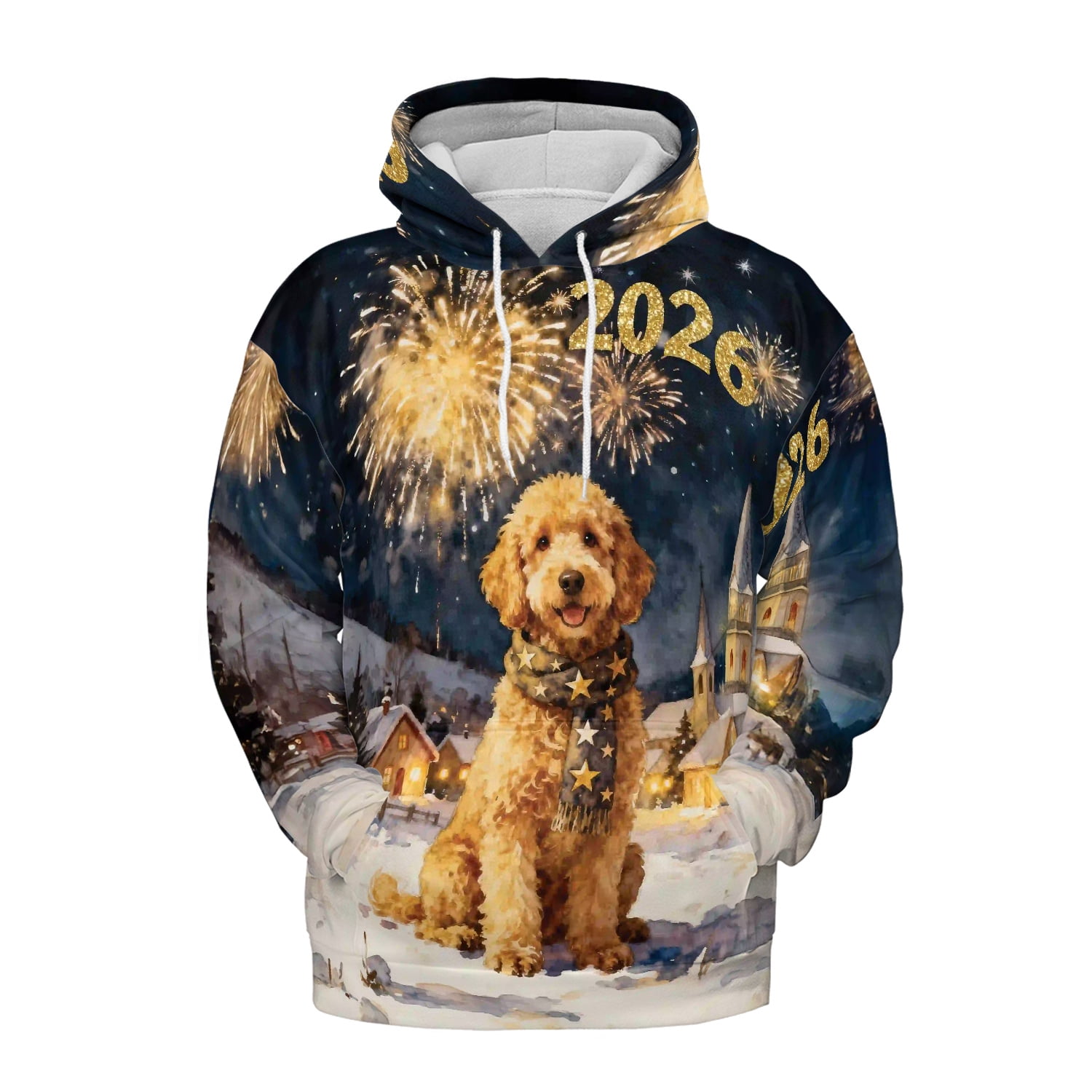Goldendoodle Happy New Year 2026 with Fireworks on New Year's Eve All ...