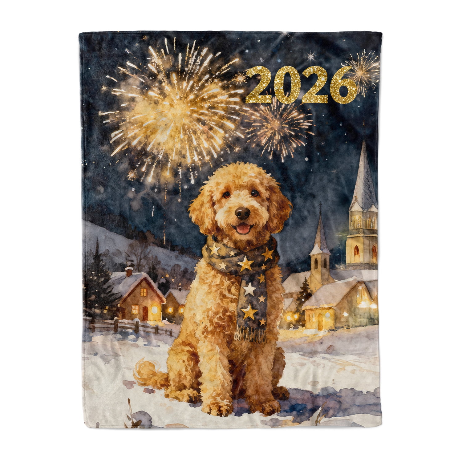Goldendoodle Happy New Year 2026 with Fireworks on New Year's Eve Cozy ...