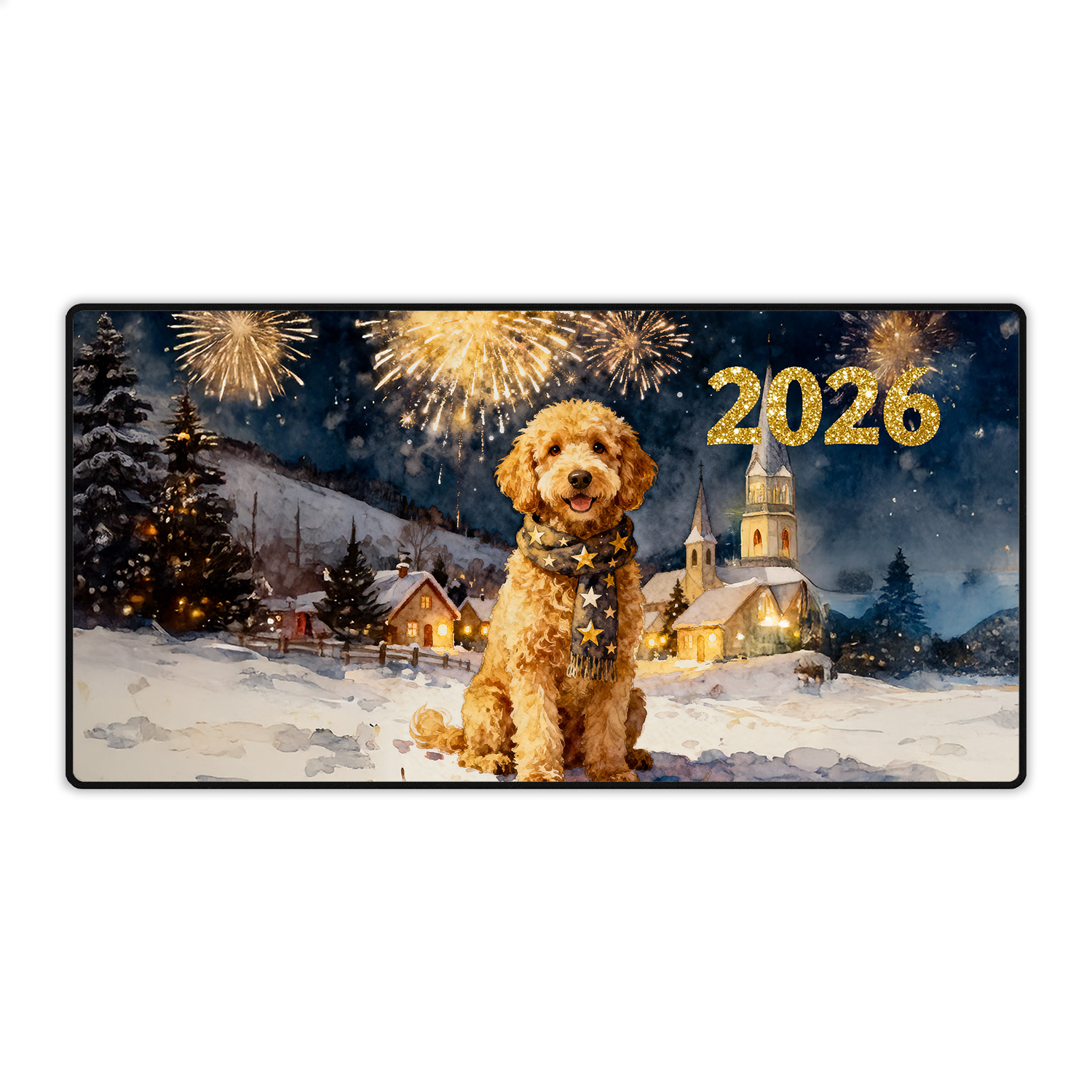 Goldendoodle Happy New Year 2026 with Fireworks on New Year's Eve Desk ...