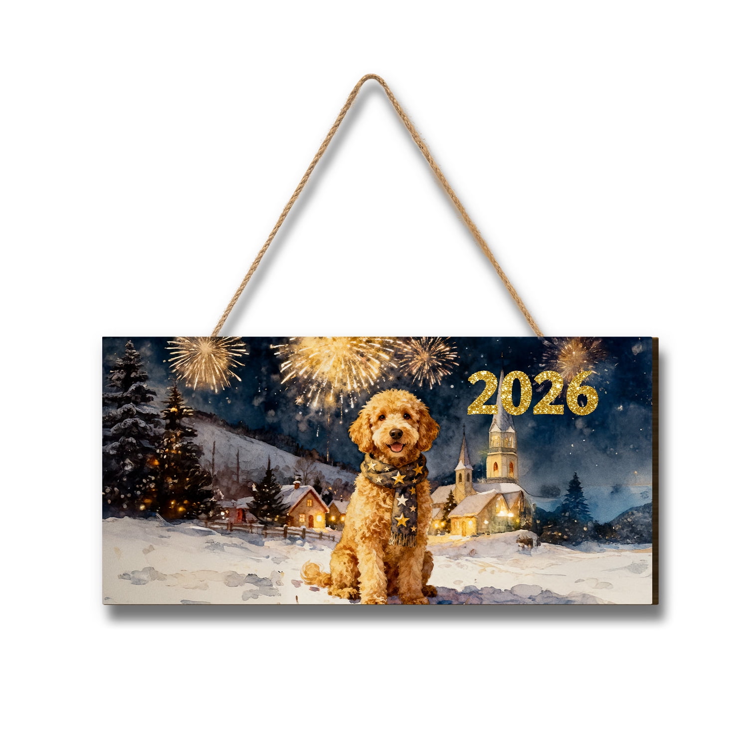 Goldendoodle Happy New Year 2026 with Fireworks on New Year's Eve ...