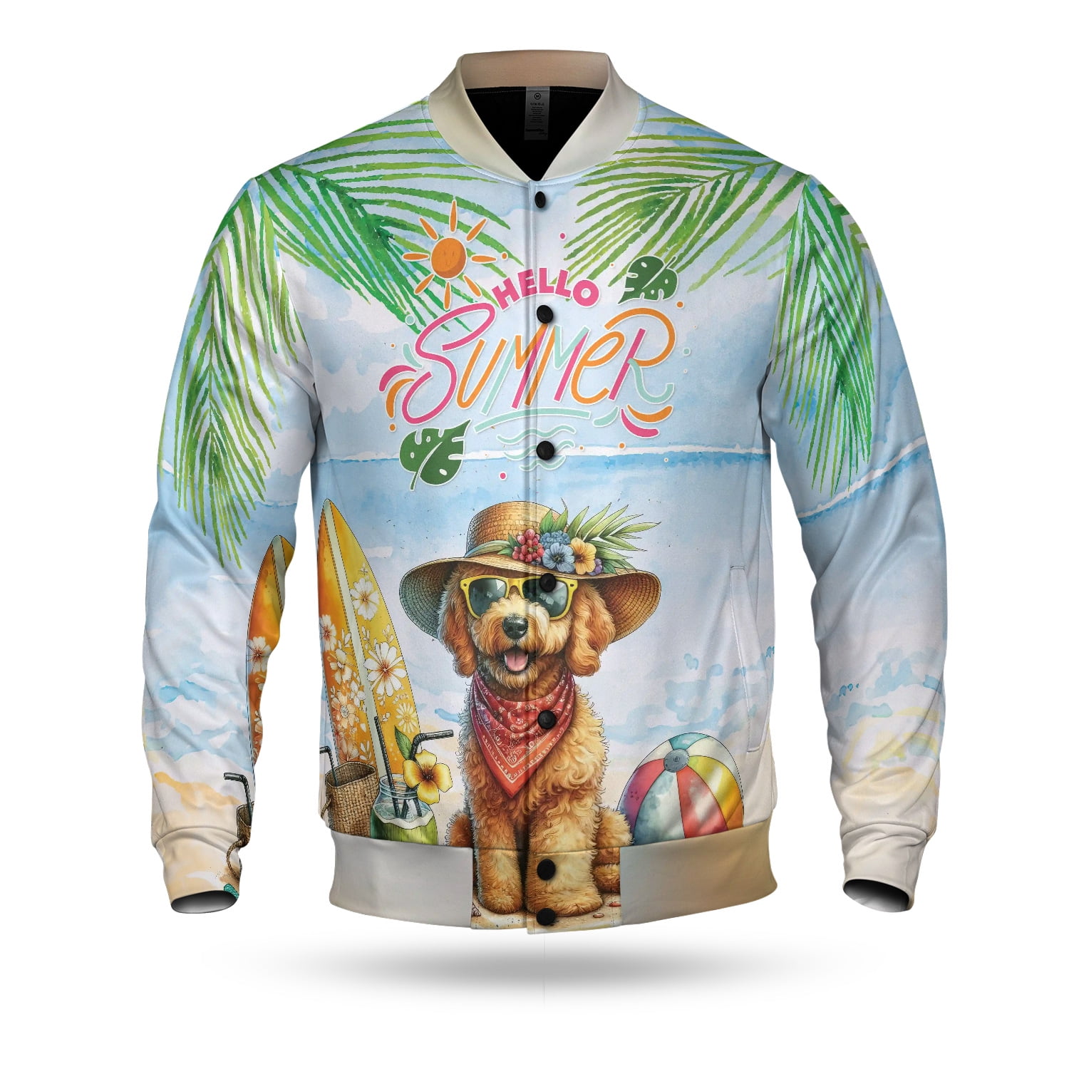 Goldendoodle Hello Summer with Sunglasses and Surfboard Tropical Vibes ...