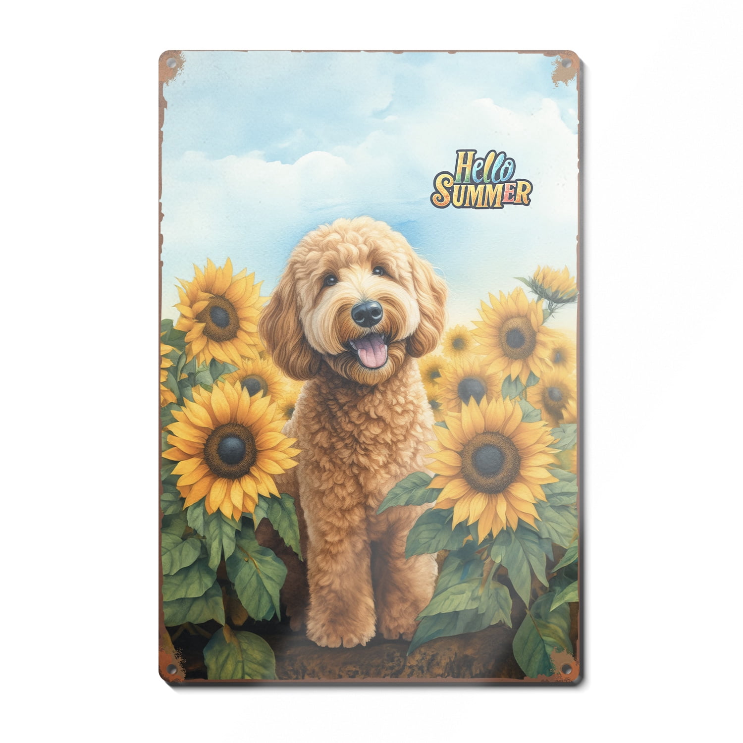Goldendoodle Hello Summer Sunshine Sunflowers Spring Retro Vintage ...