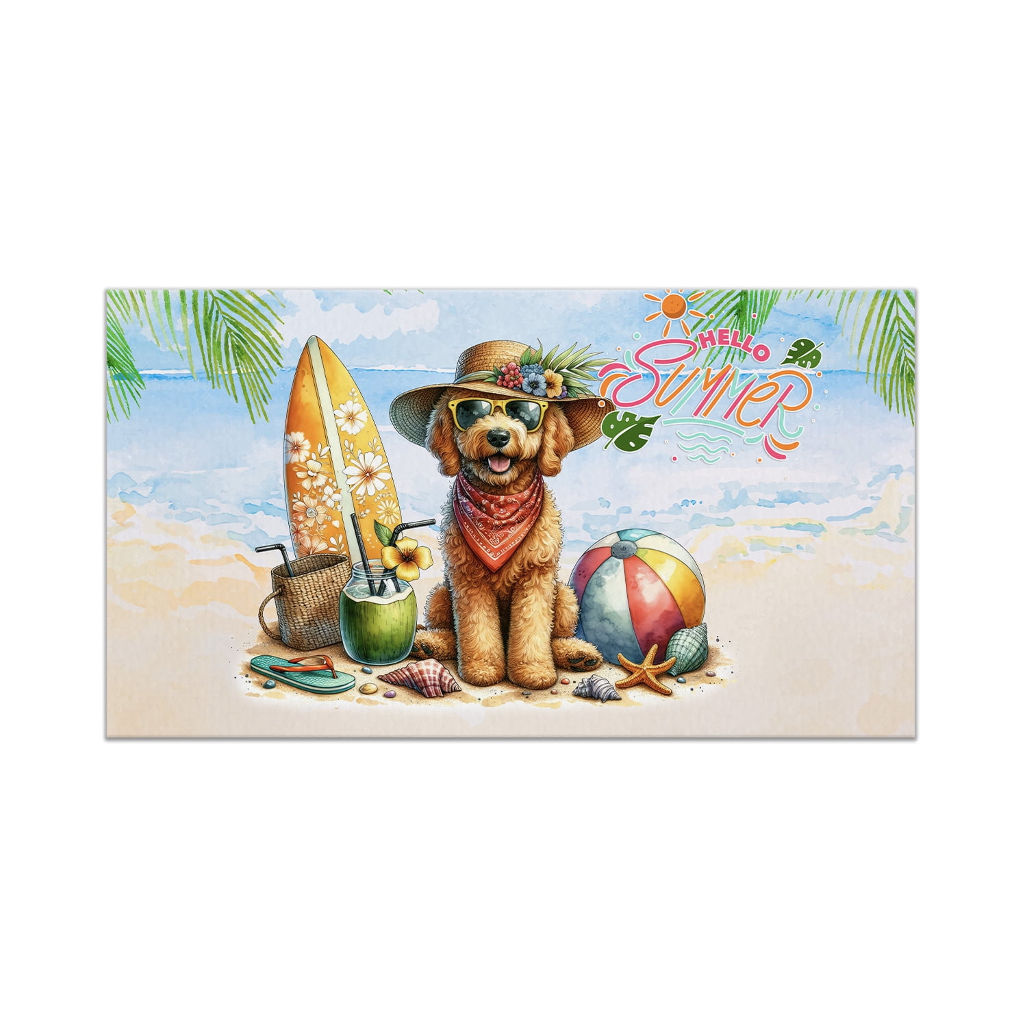 Goldendoodle Hello Summer with Sunglasses and Surfboard Tropical Vibes ...