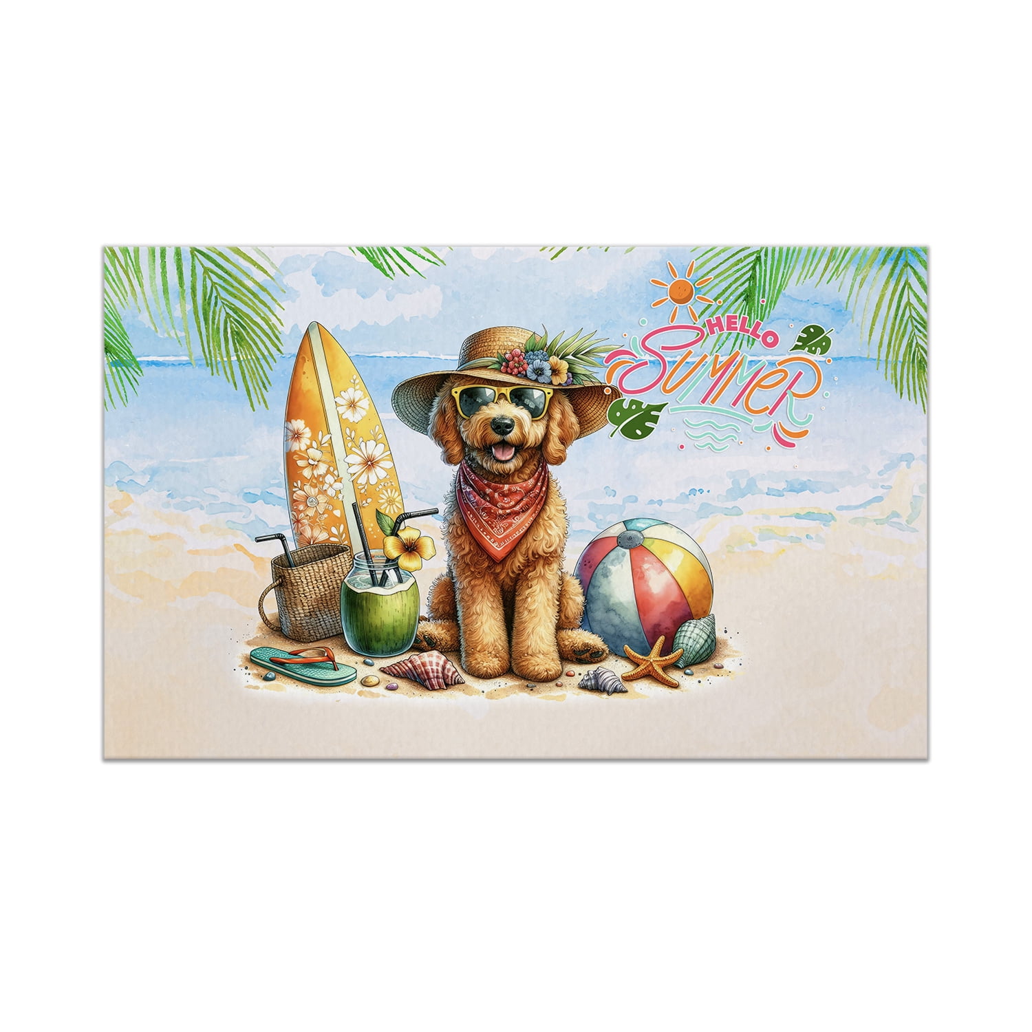 Goldendoodle Hello Summer with Sunglasses and Surfboard Tropical Vibes ...