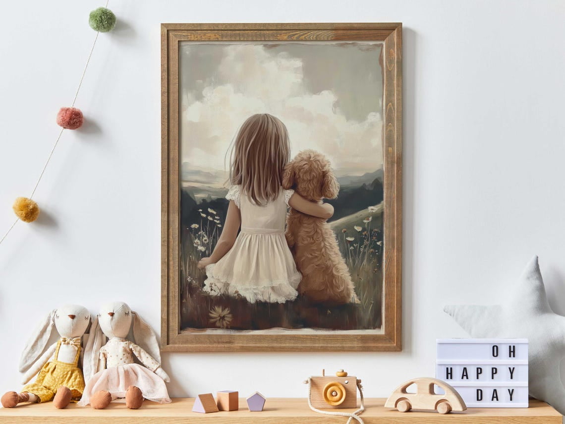 Goldendoodle Nursery Wall Art, Girl & Goldendoodle Print, Cream ...