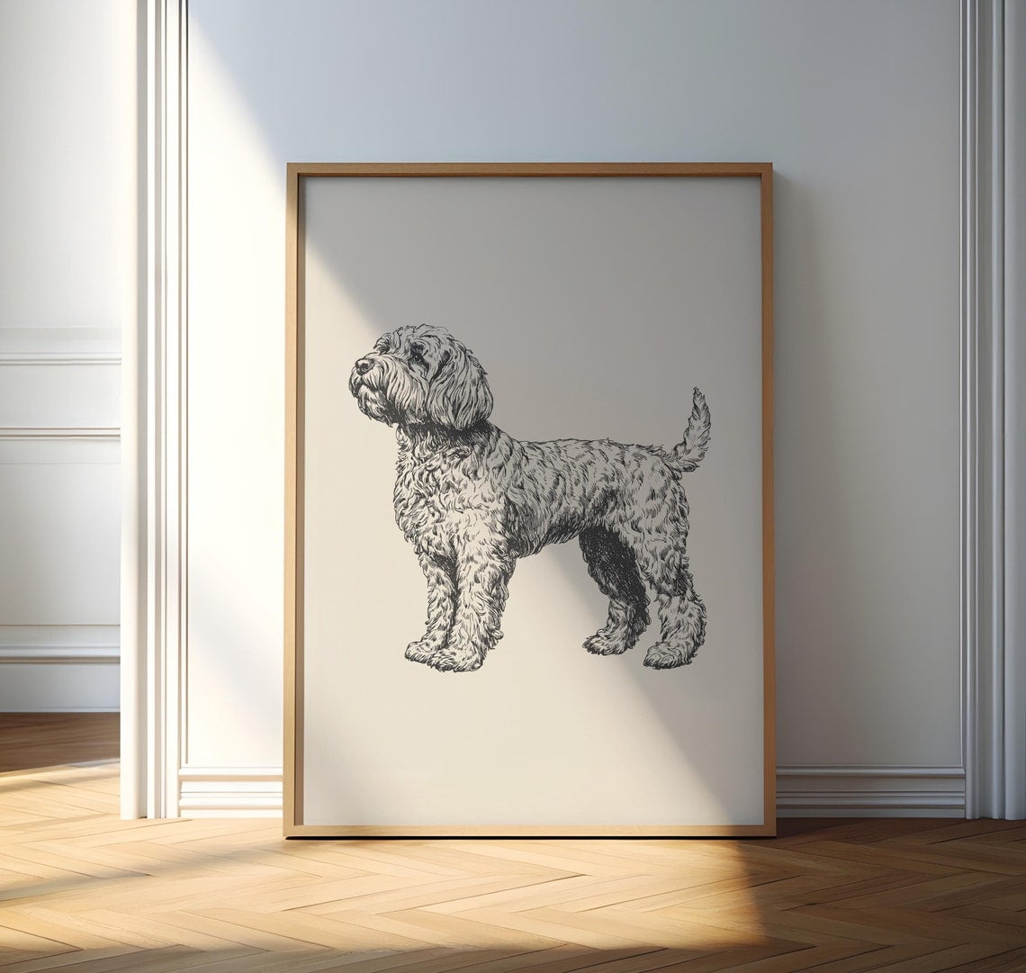 Goldendoodle Sketch, Vintage Poster, Dog Print, Dog Wall Decor, Antique Retro Art, Country ...