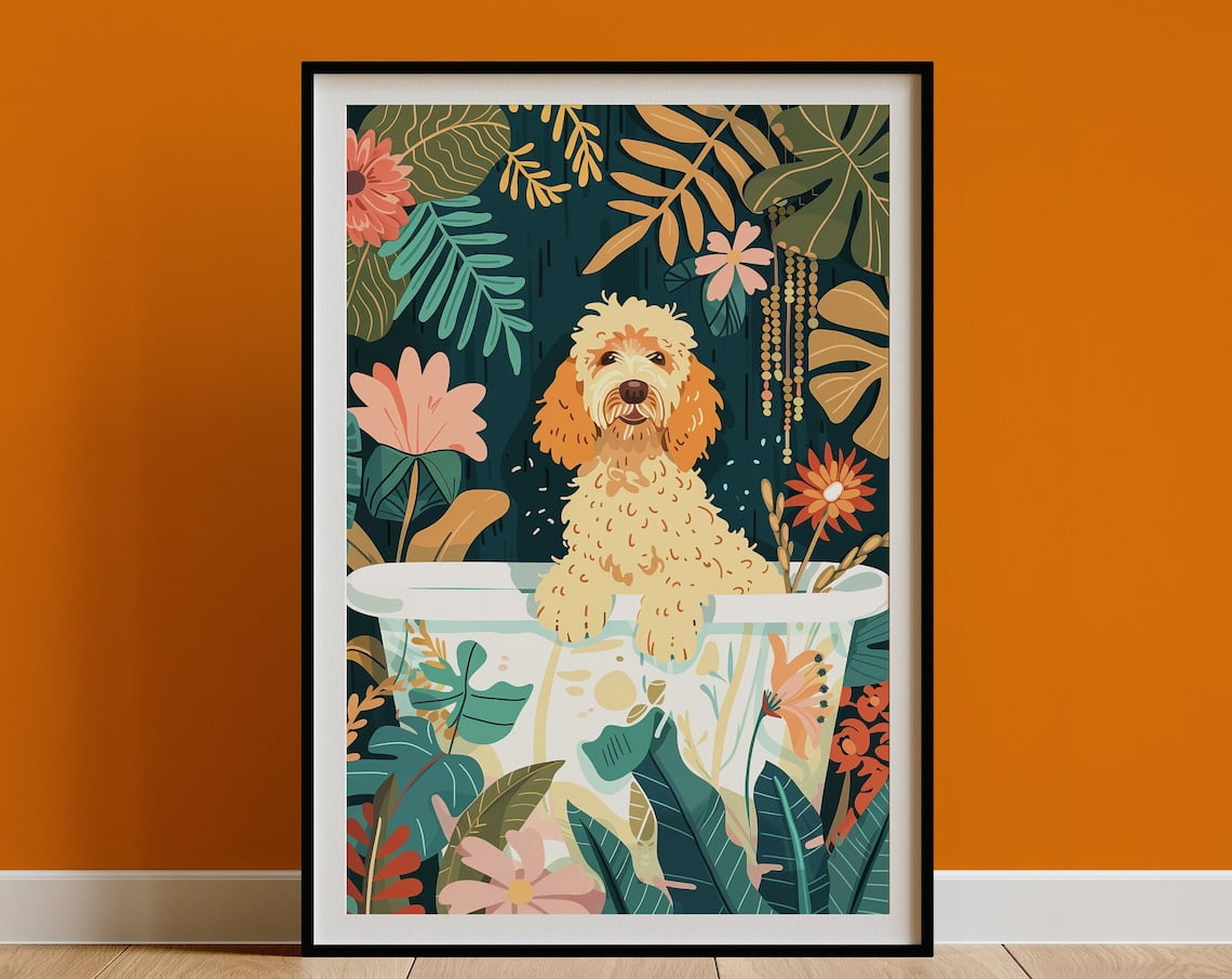 Goldendoodle Wall Art, Doodle Boho Jungle Bathtub Print, Groodle ...