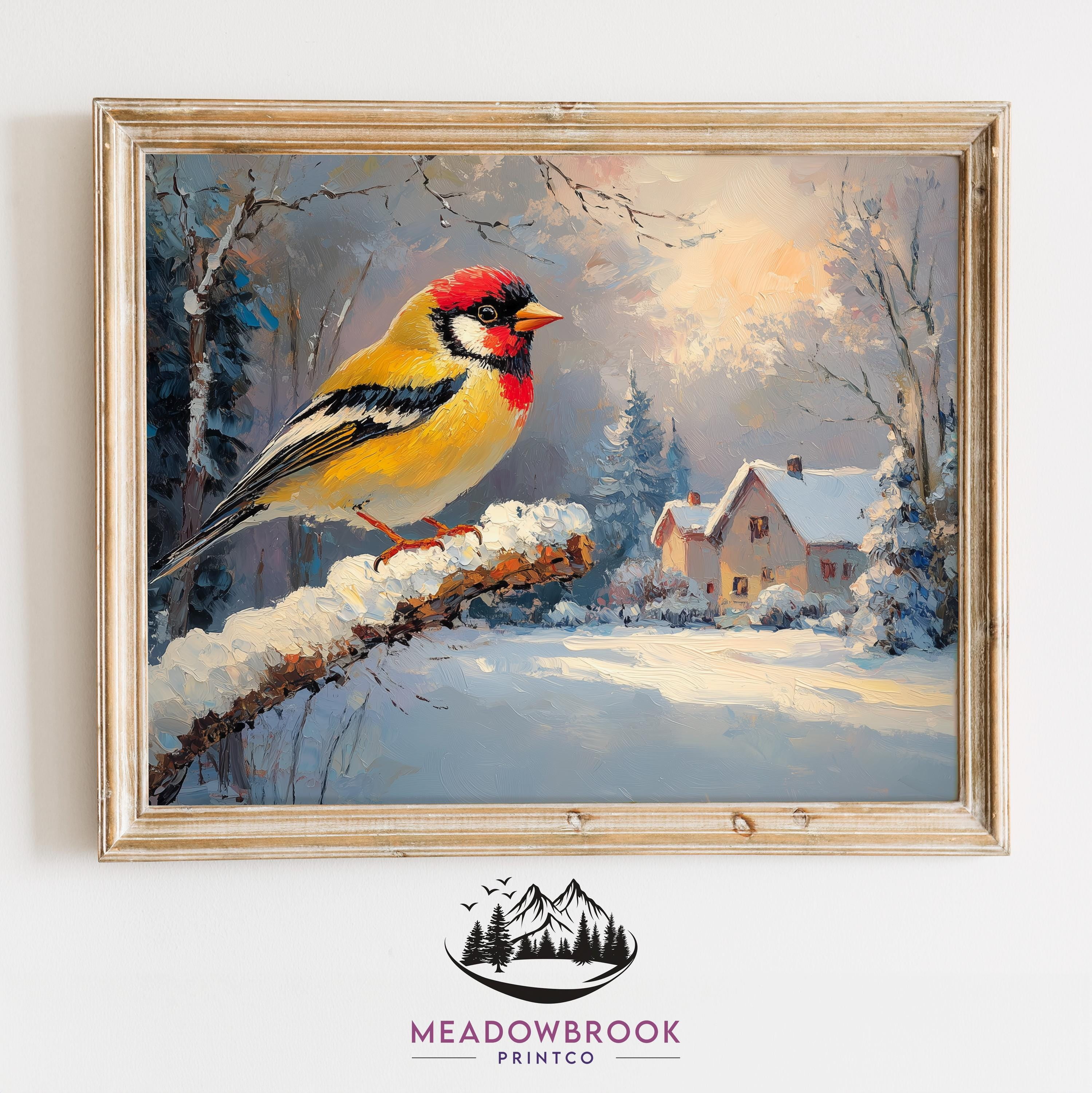 Goldfinch Bird On Snow-Covered Branch Winter Scene Printable Cozy ...