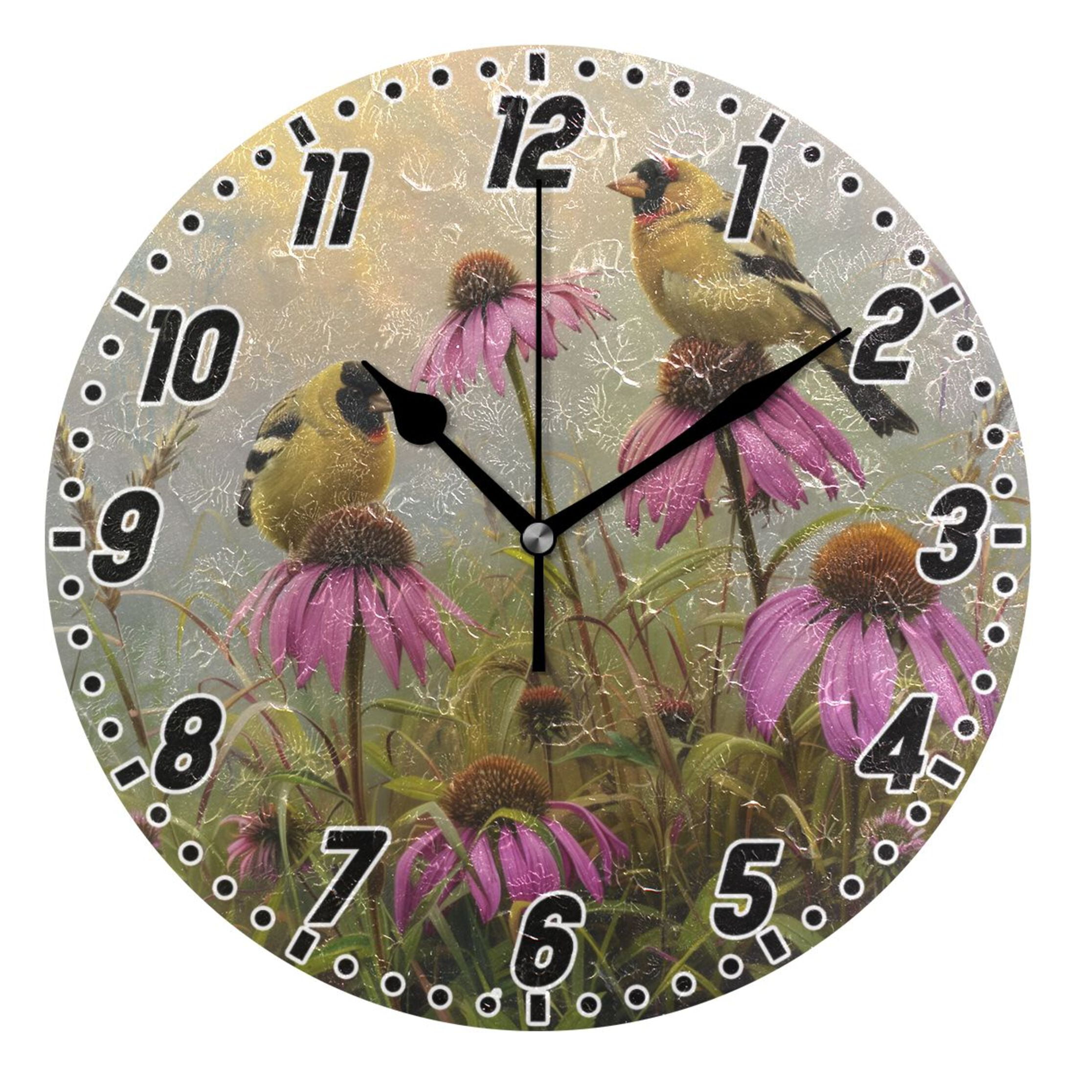 Goldfinches Bird Perched on Flowers Round Wall Clock Battery Operated ...