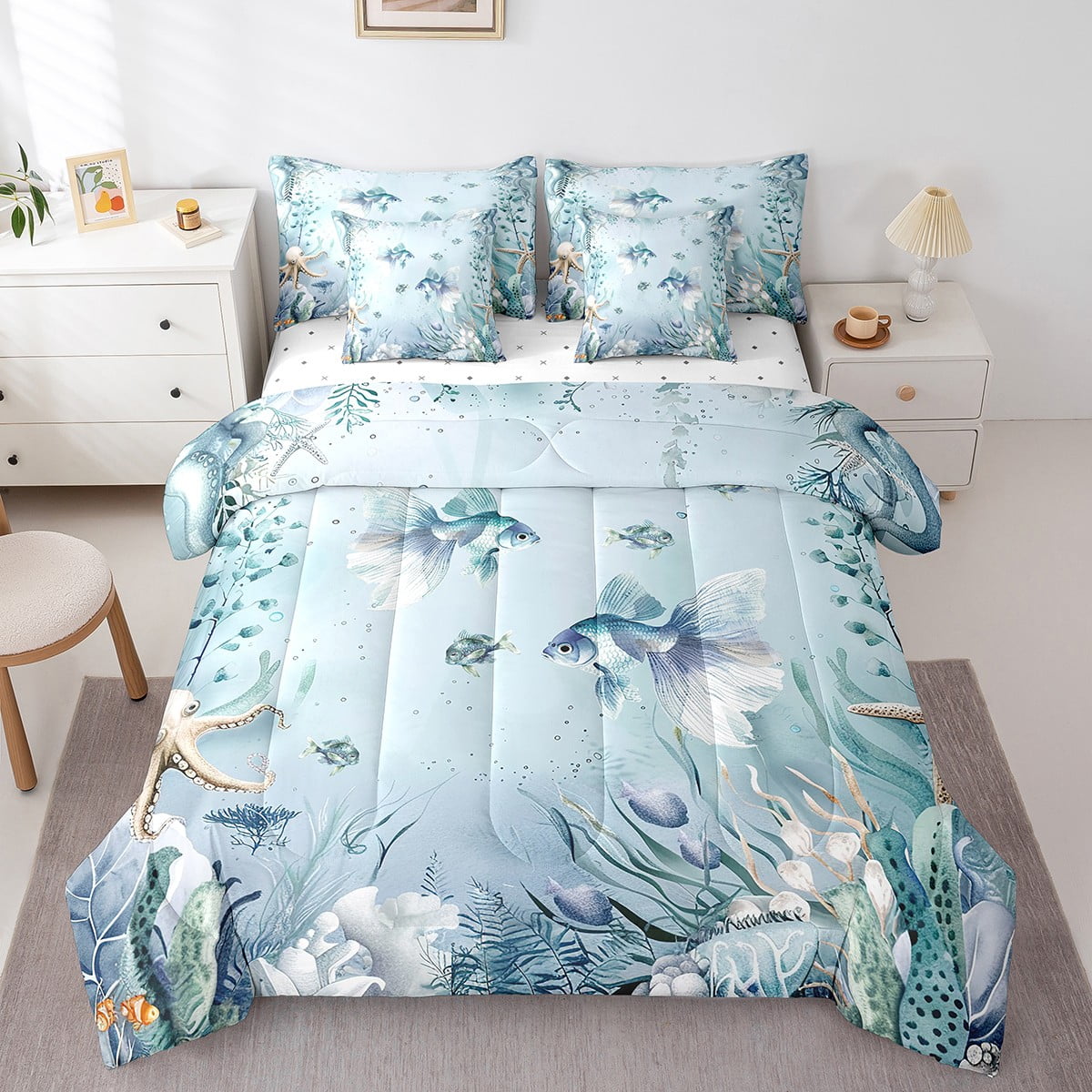 Goldfish Bed in a Bag Queen Comforter Set 7 Piece,Teal Blue Ocean Beach ...