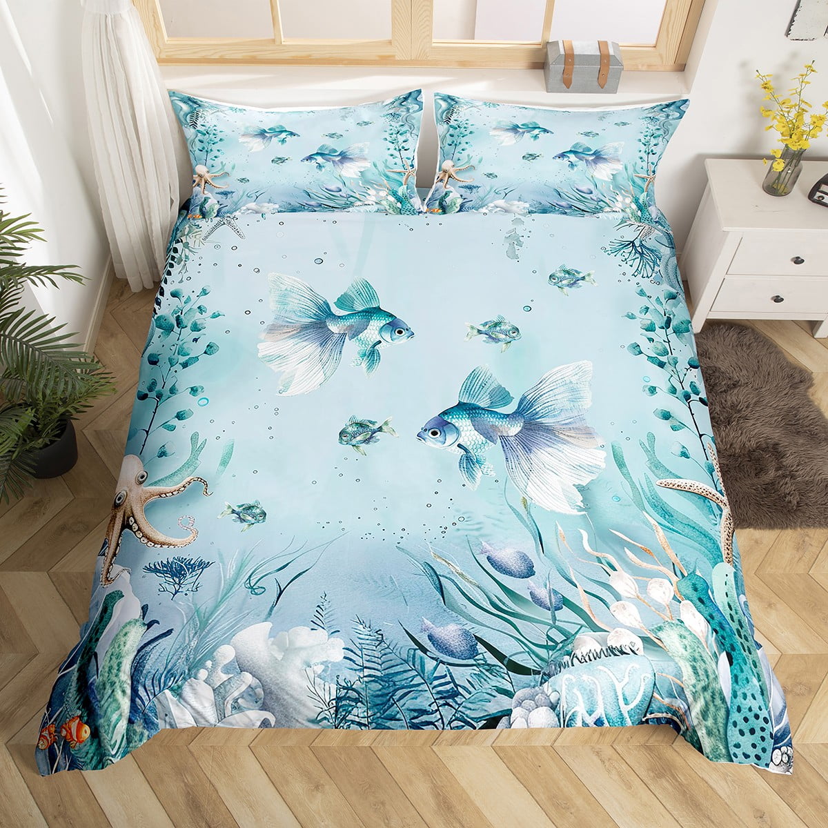 Goldfish Duvet Cover Set Teal Blue Ocean Beach Coastal Bedding Sets ...