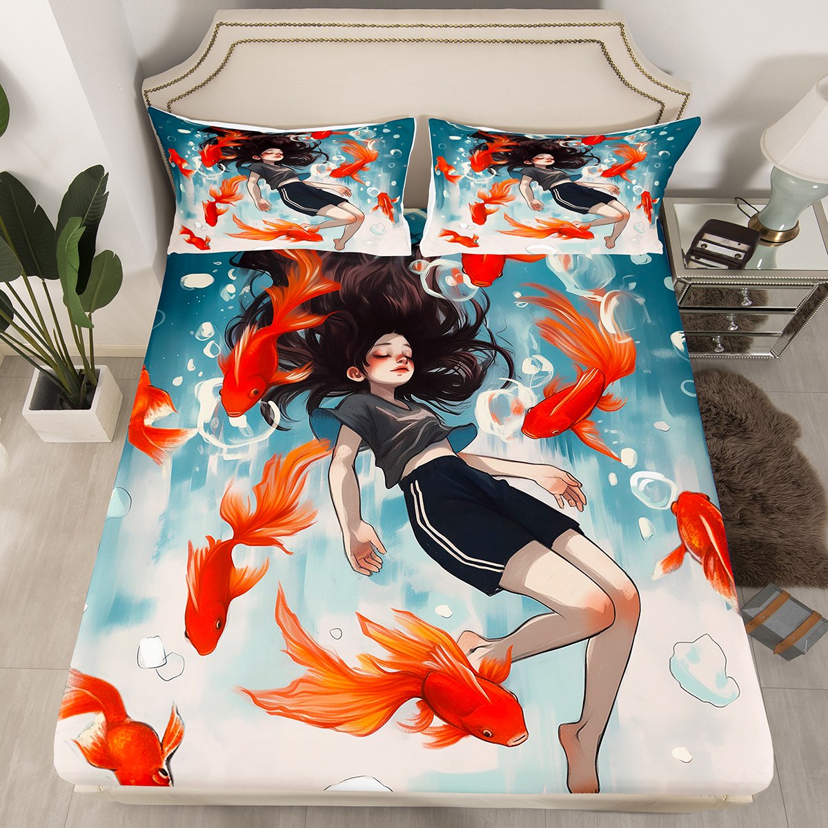 Goldfish Fitted Sheet Queen Size,Cartoon Bedding Set,Trippy Style ...