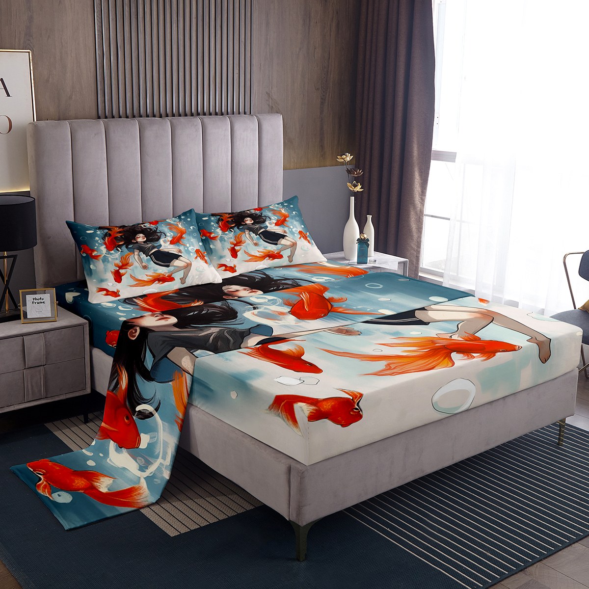Goldfish Girl Bed Sheets Queen Size,Cartoon Girl Bedding Set,Trippy ...