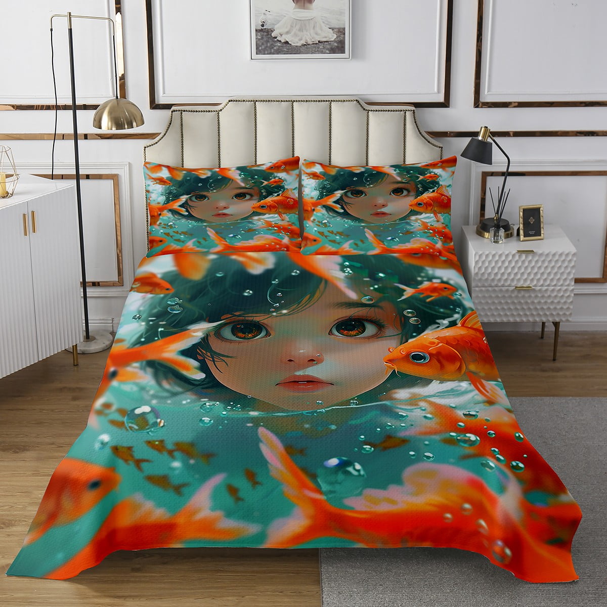 Goldfish Girl Bedspread Set Cartoon Girls Coverlet Set For Kids Toddler ...